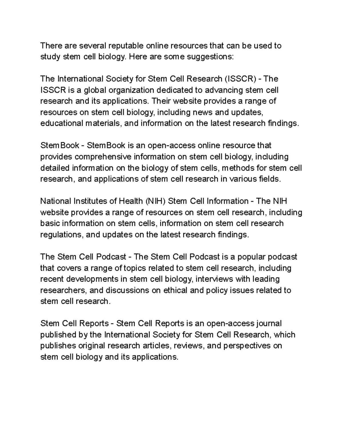 Stem Cell Biology - There are several reputable online resources that ...