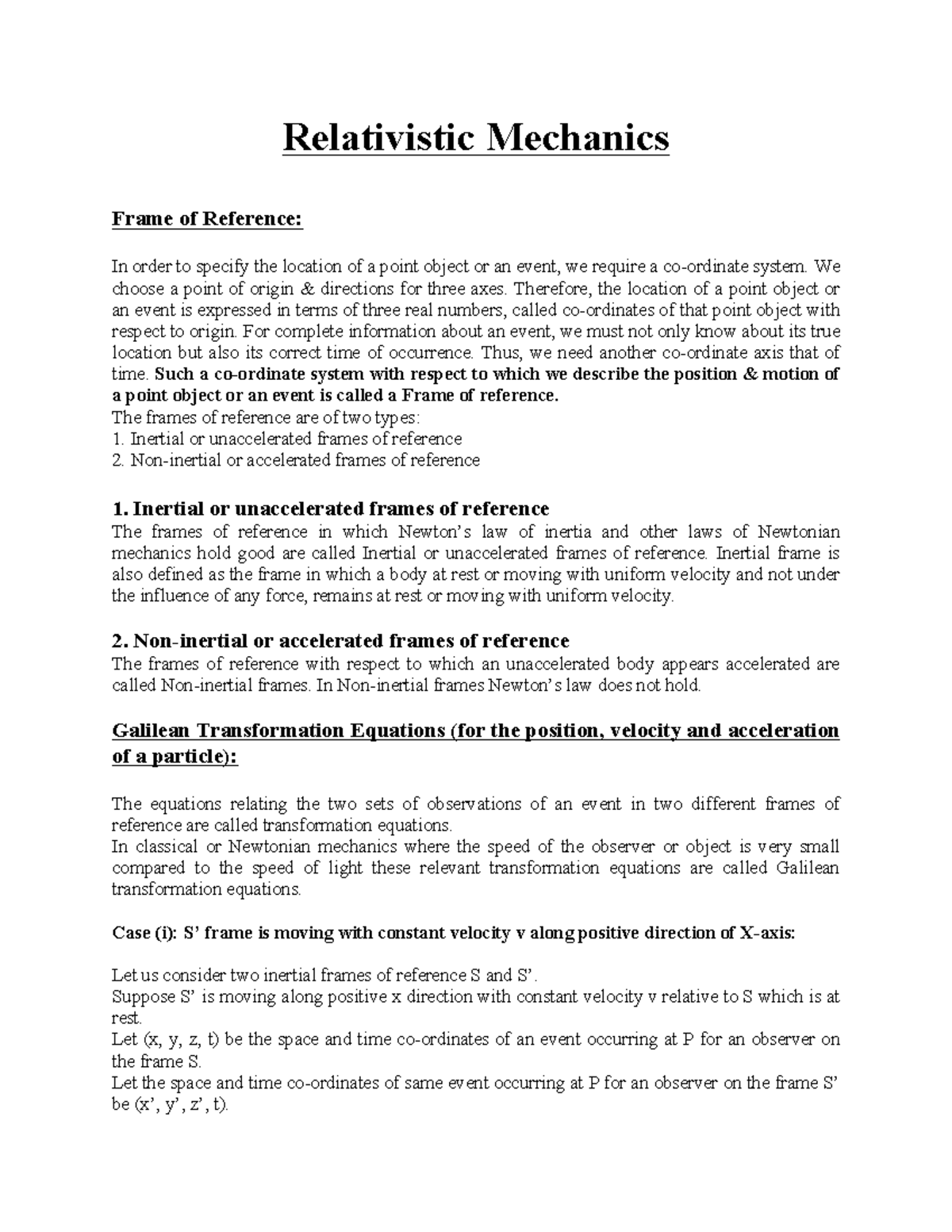 Relativistic Mechanics Module 1-Part-1 - Relativistic Mechanics Frame of Reference: In order to ...