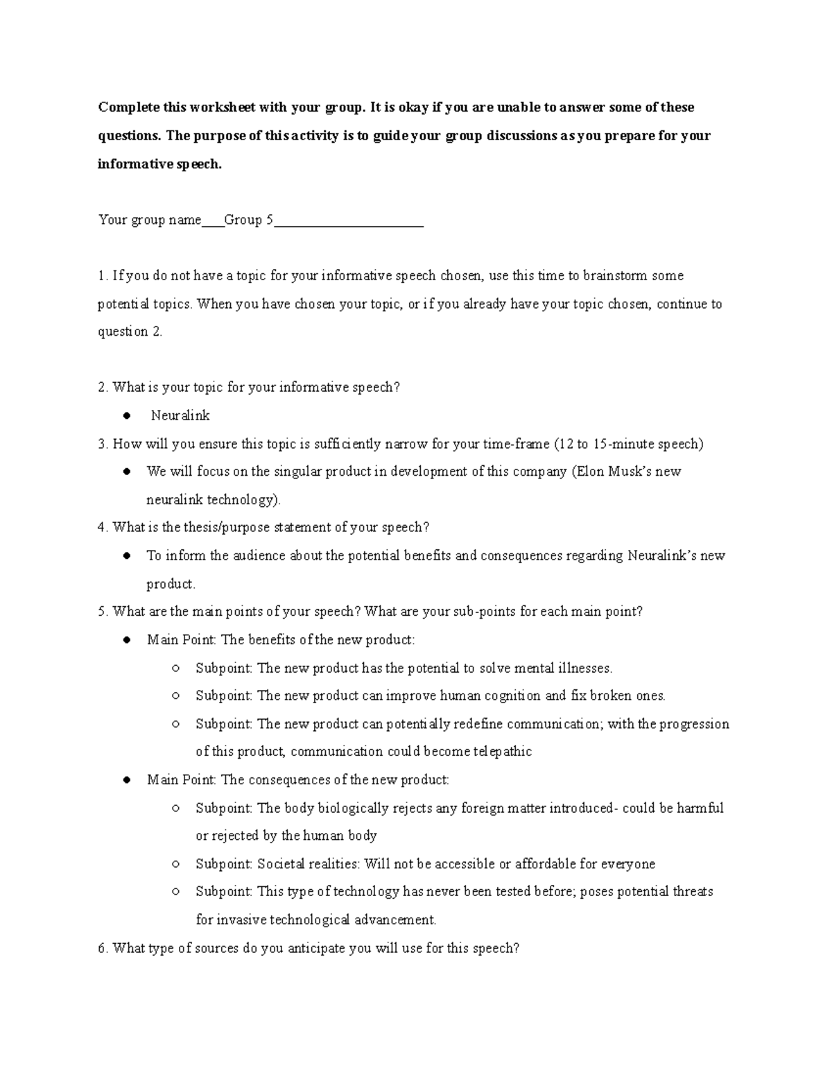 Informative Speech Worksheet Complete This Worksheet With Your Group