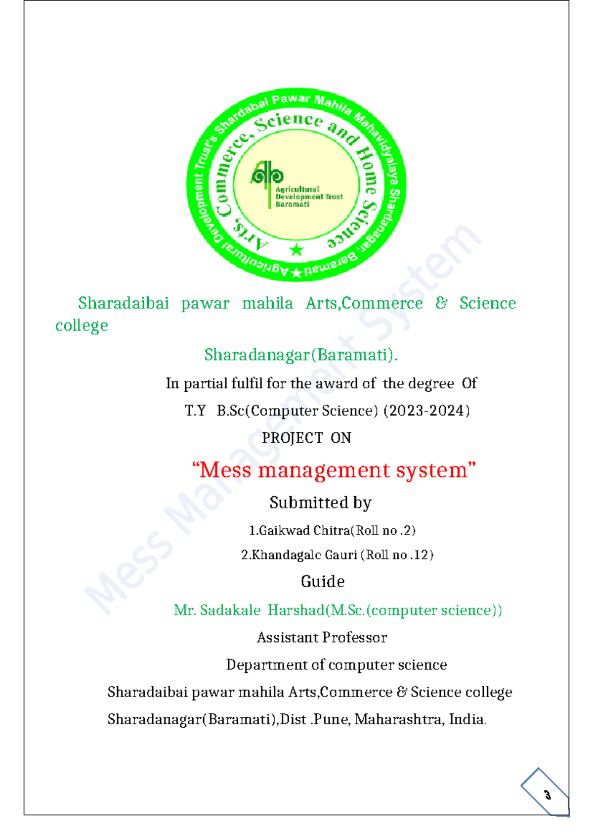 Mess Management Syatem Documentation - Sharadaibai pawar mahila Arts ...