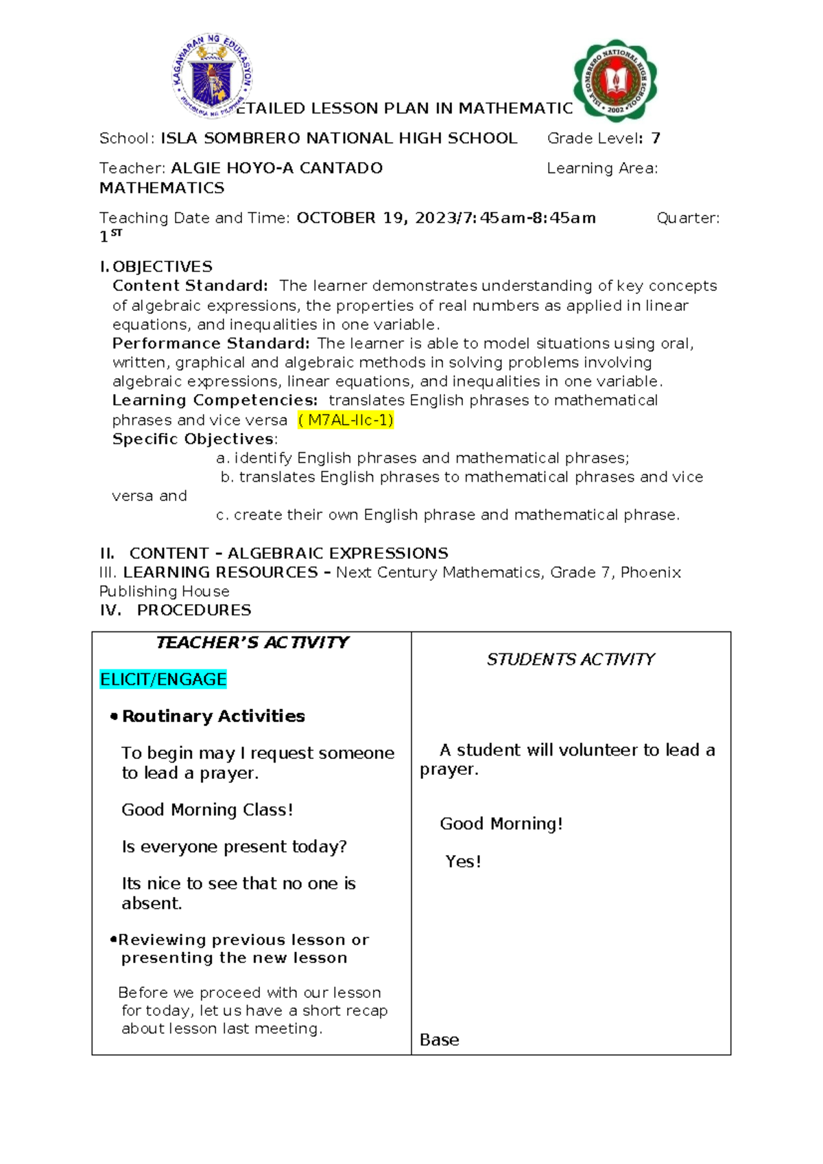Detailed Lesson PLAN IN Mathematics 7 - DETAILED LESSON PLAN IN ...