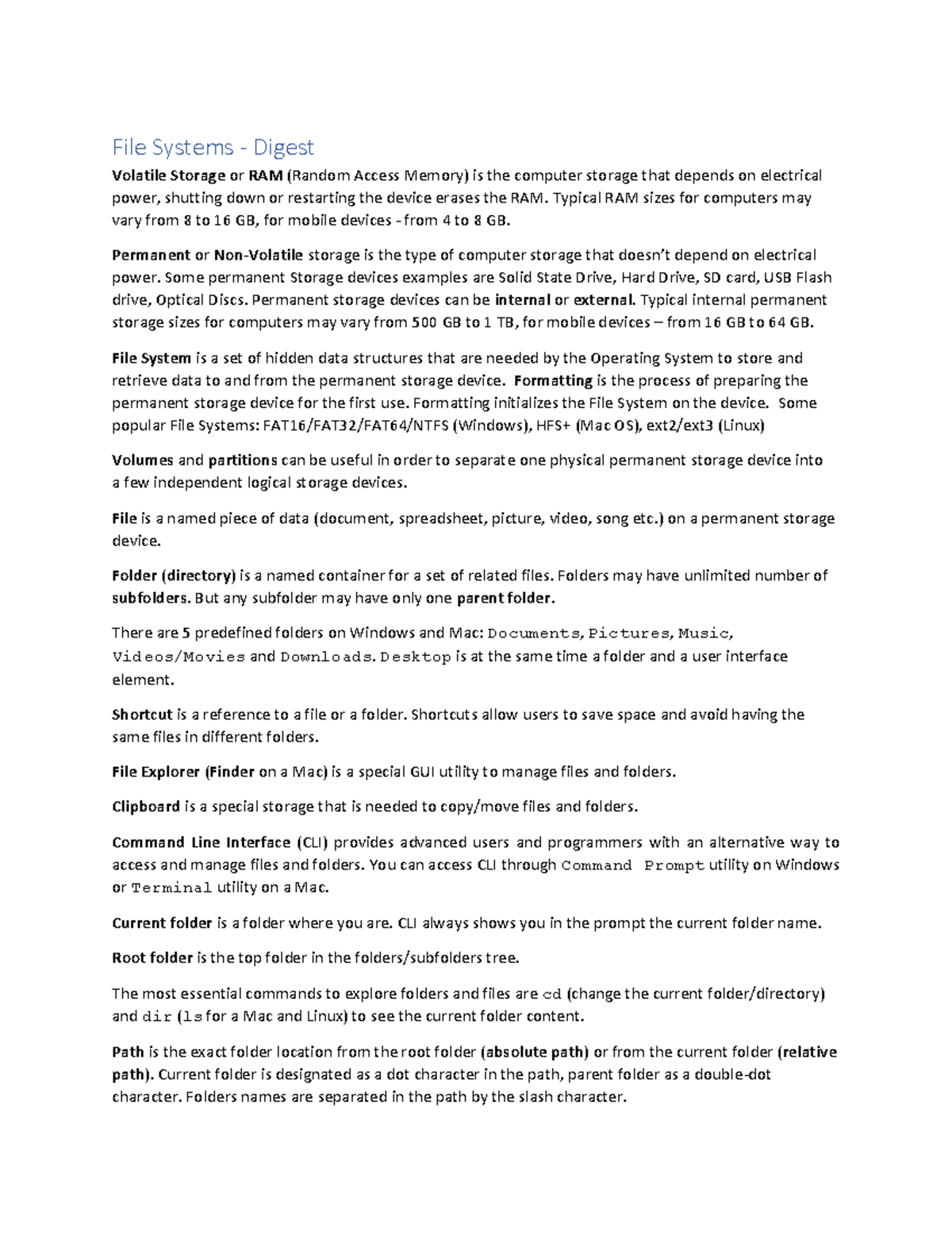 File Systems - Digest - ... - File Systems - Digest Volatile Storage or ...