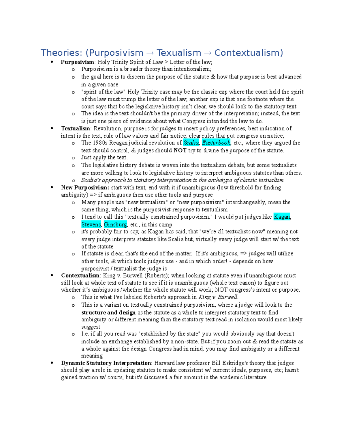 Leg Reg Review Outline - Theories: (Purposivism Texualism Contextualism ...