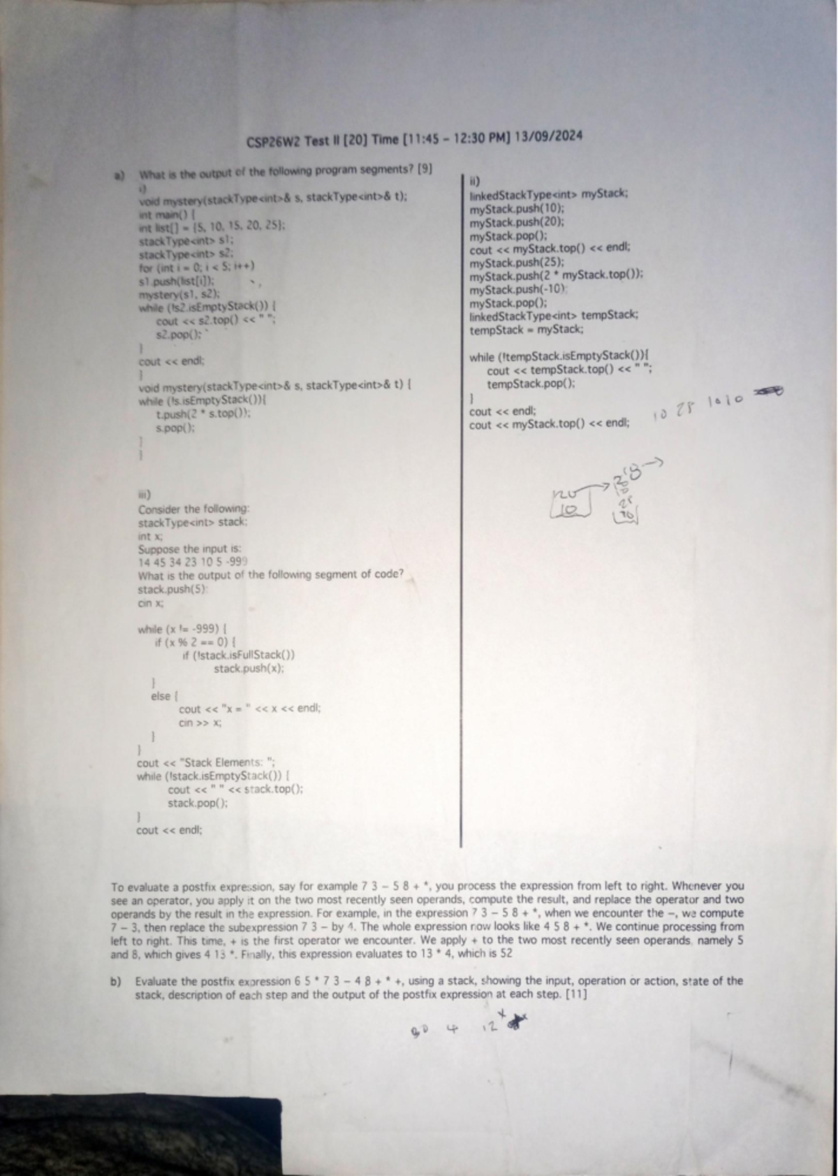 Test 2 Data Structures (CSP26W2) - a) CSP26W2 Test Il [20]Time [11:45 ...