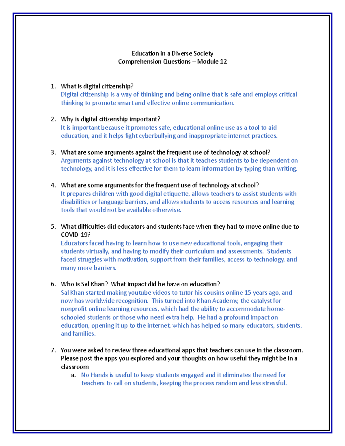 Module 12 Comprehension Questions-1 - Education in a Diverse Society ...