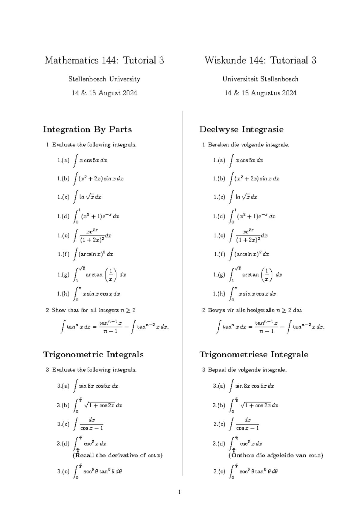 Maths 144 Tutorial 3 - Mathematics 144: Tutorial 3 Stellenbosch University 14 & 15 August 2024 ...