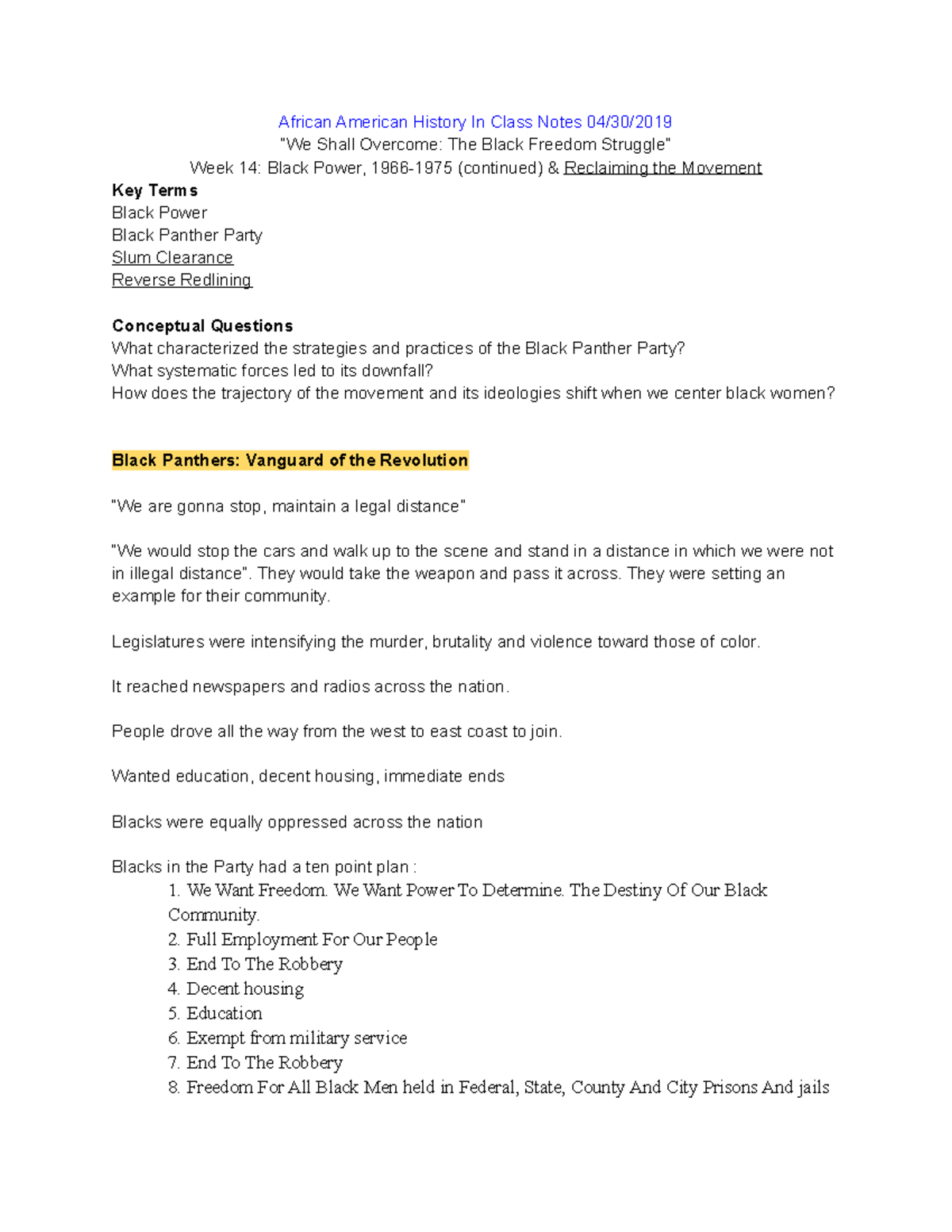 African American History In Class Notes Week 14 - African American ...
