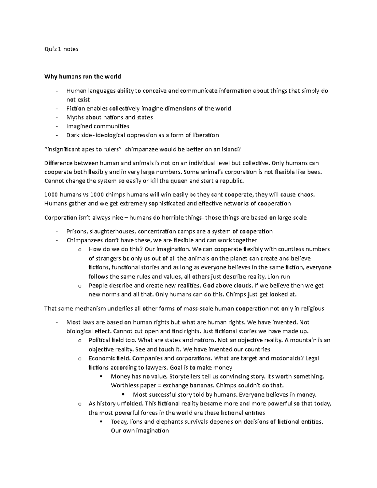 Quiz 1 notes- culture - Quiz 1 notes Why humans run the world Human ...