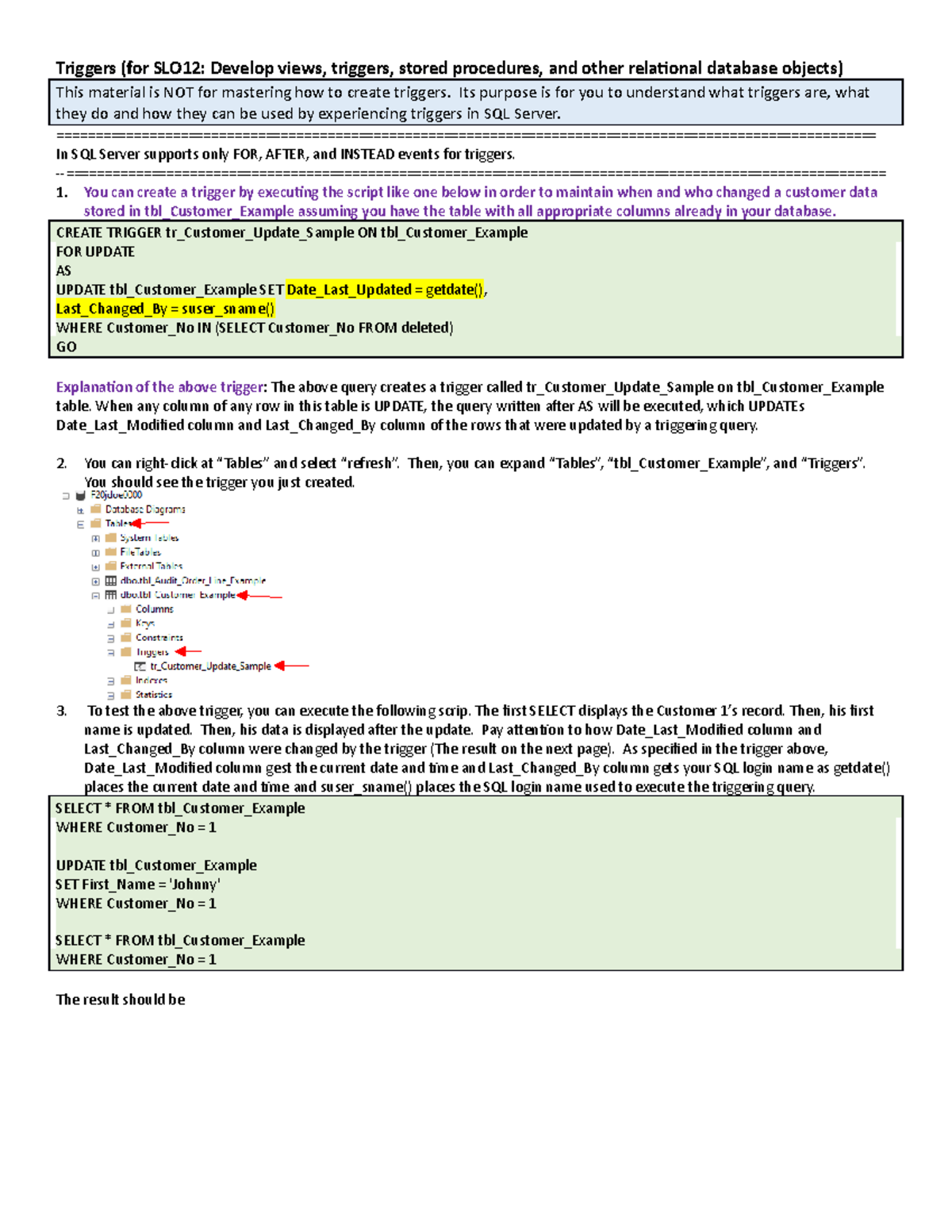Trigger Exercise - lecture notes - Triggers (for SLO12: Develop views ...
