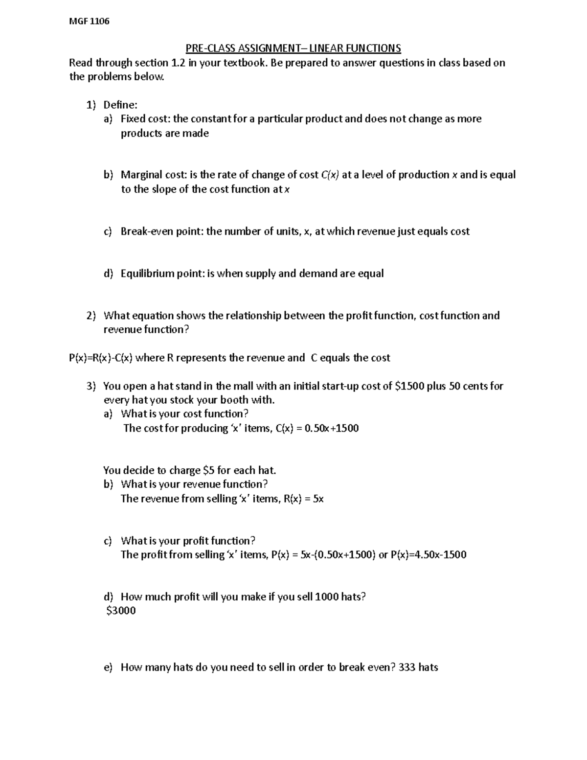 Pre-Class Week 2 (Linear Functions) - MGF 1106 PRE-CLASS ASSIGNMENT– LINEAR FUNCTIONS Read ...