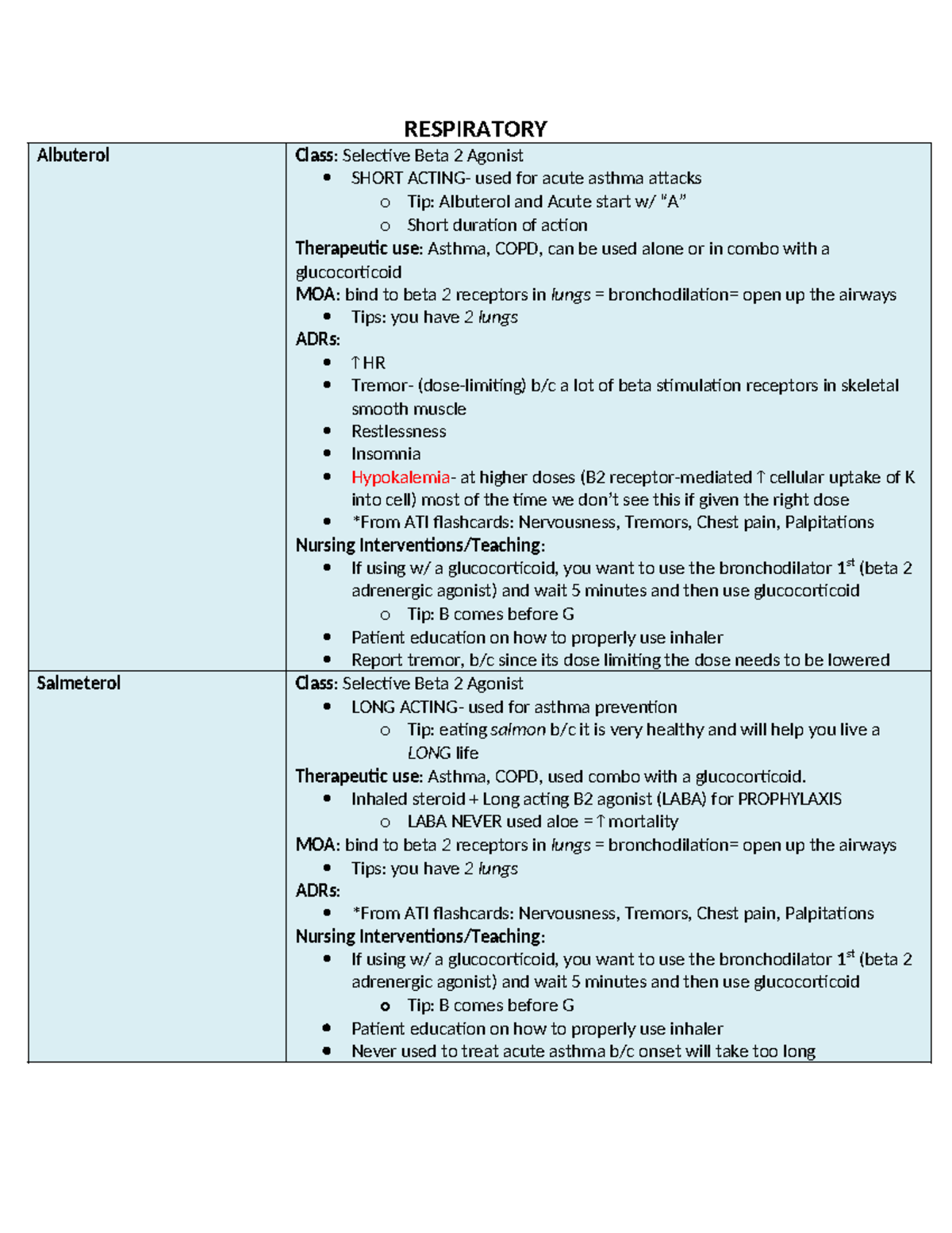 EXAM 4 DRUG LIST - notes - RESPIRATORY Albuterol Class: Selective Beta ...