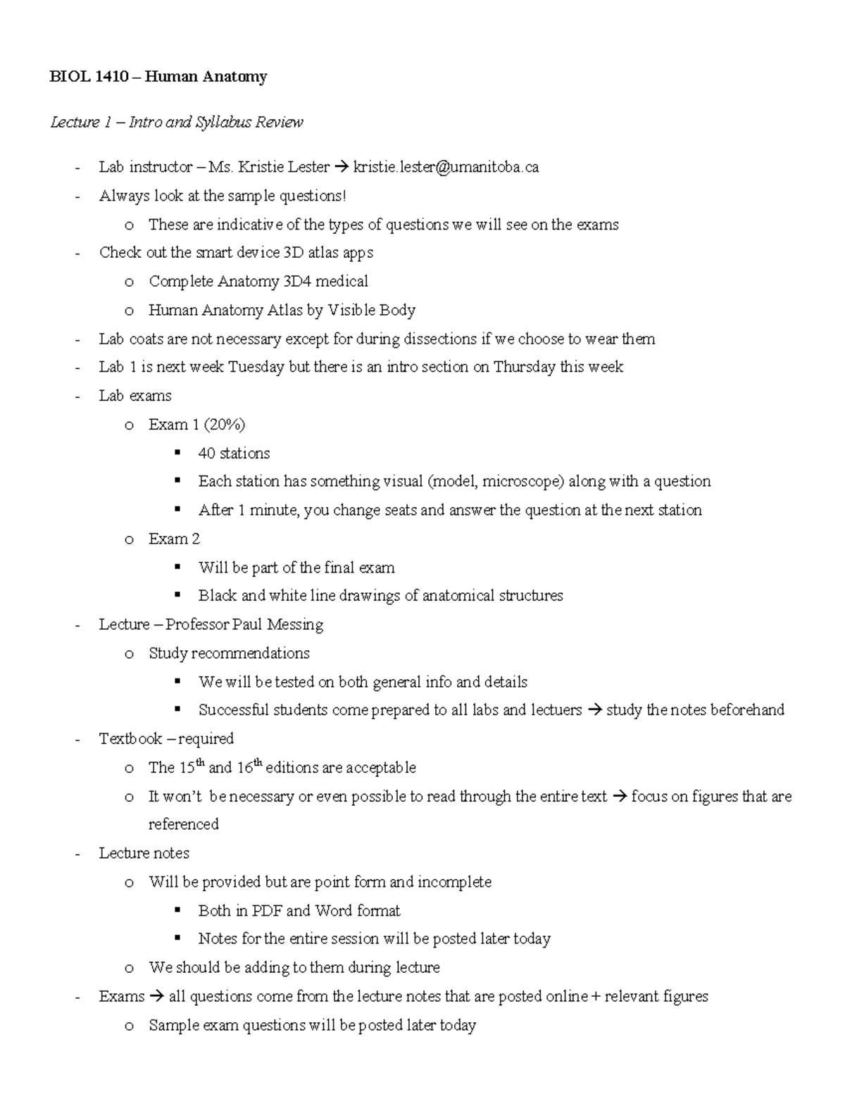 Biol 1410 Lecture Notes Biol 1410 Human Anatomy Lecture 1 Intro