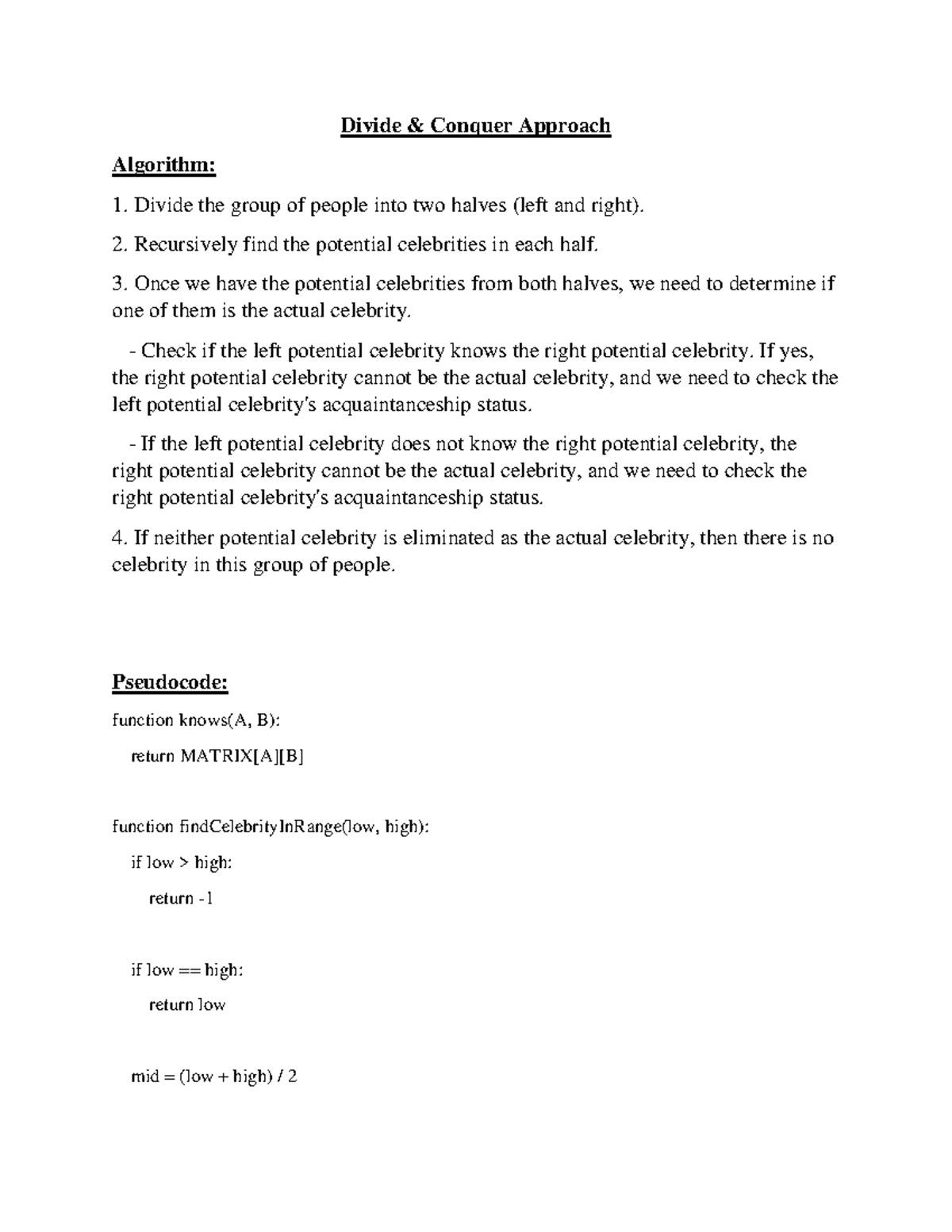 Analysis of celebrity problem algorithms - Divide & Conquer Approach ...