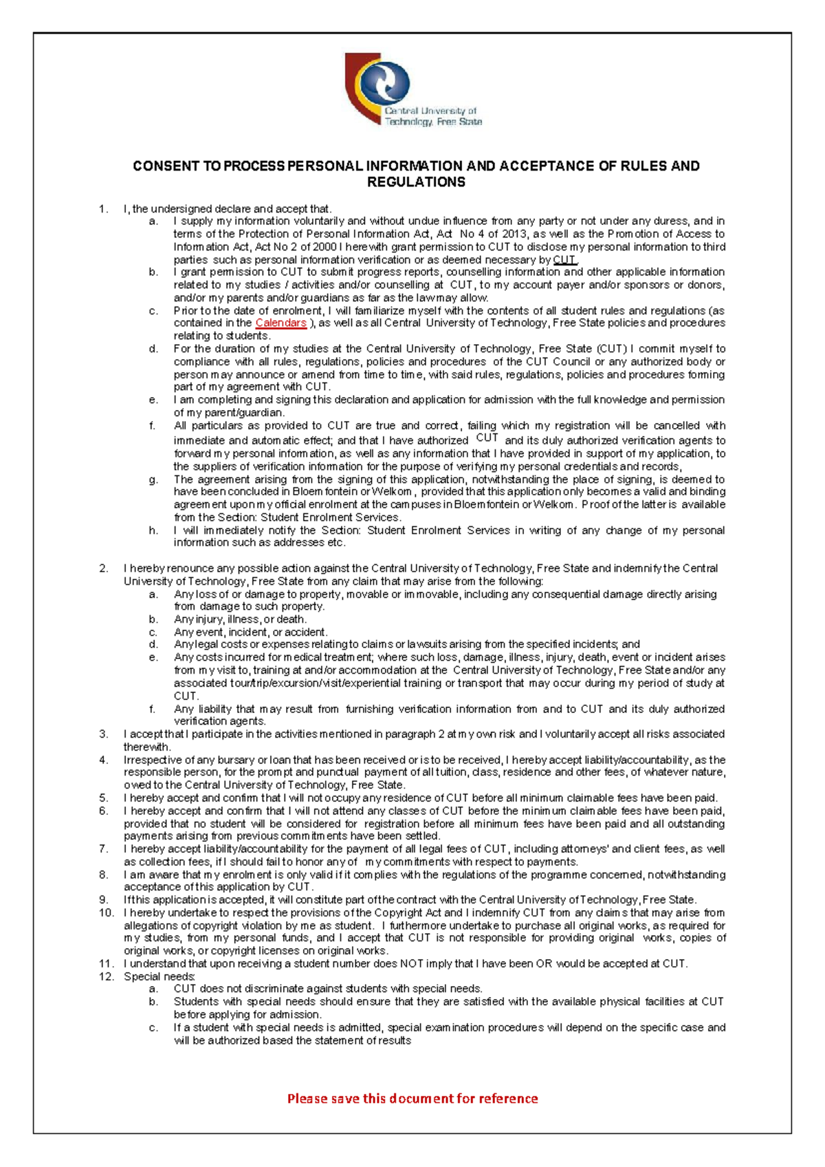 Application Rules WEB - fys - CONSENT TO PROCESS PERSONAL INFORMATION ...