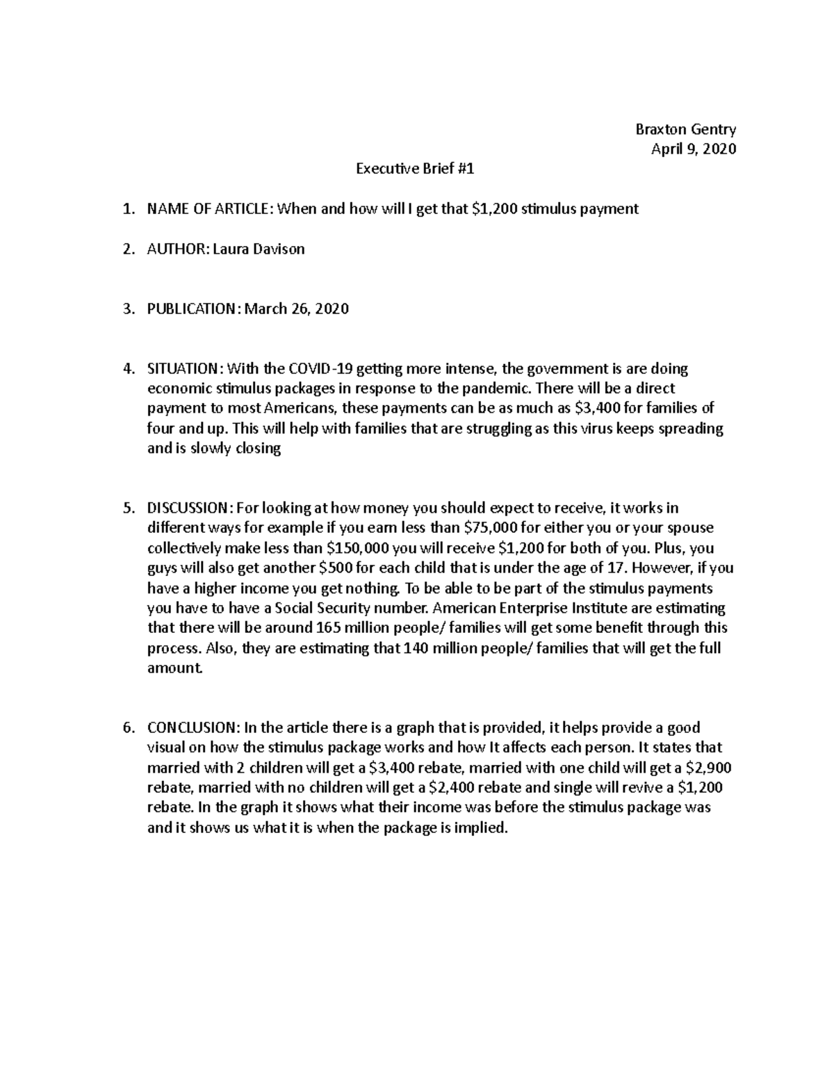 Executive Brief- intro to business - Braxton Gentry April 9, 2020 ...