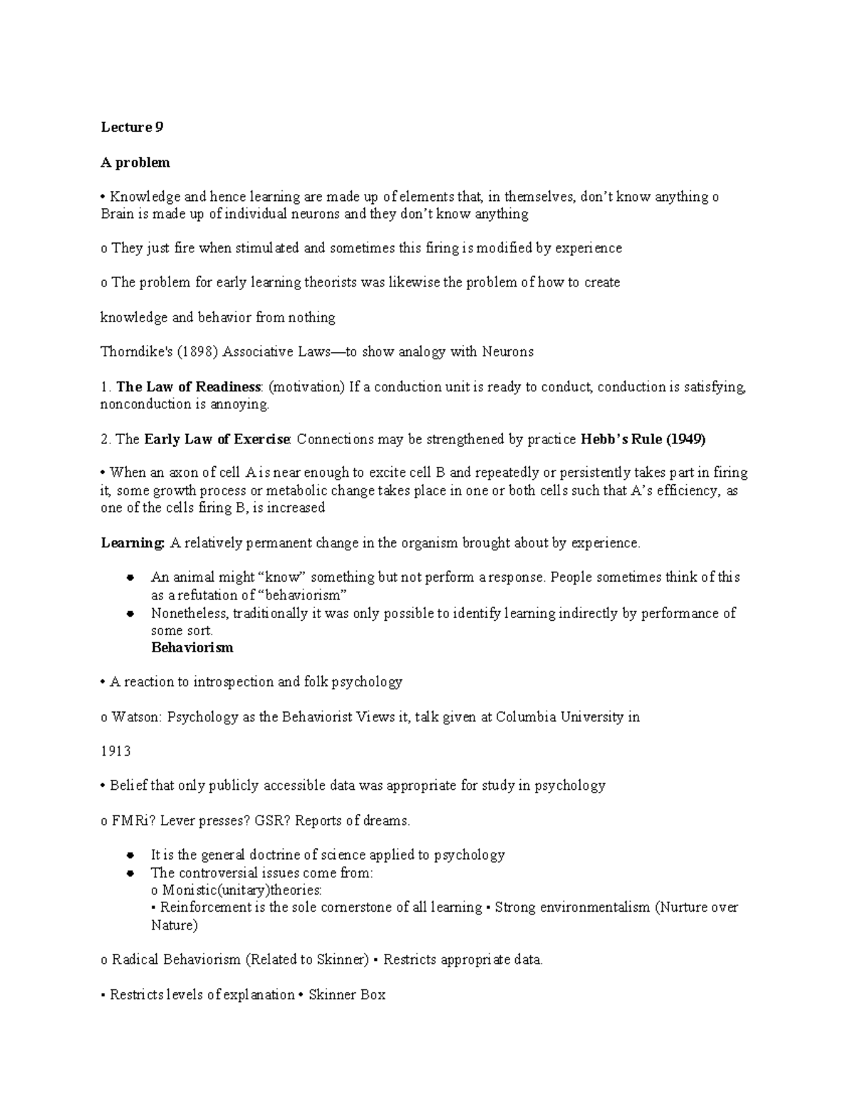 Psych lectures 9&10&11 - Lecture 9 A problem Knowledge and hence ...