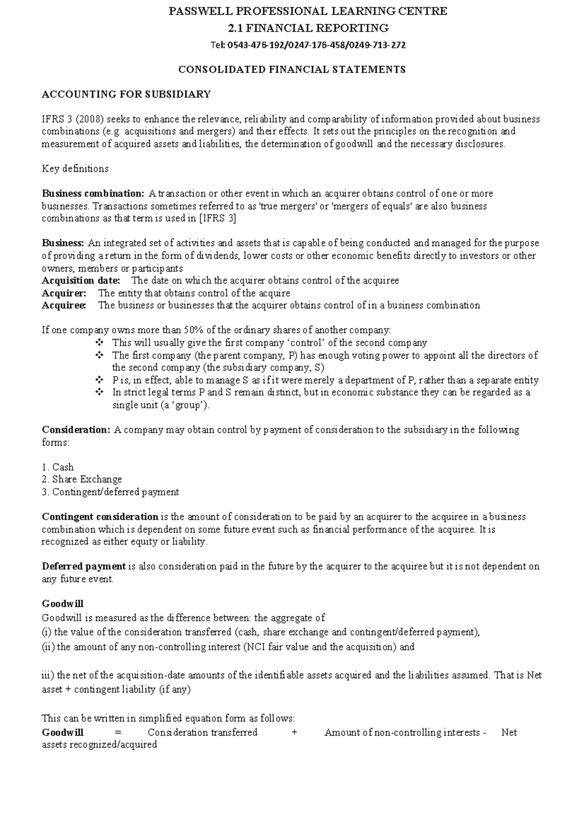Consolidation notes PW2019 - 2 FINANCIAL REPORTING Tel: 0543-476-192/ ...