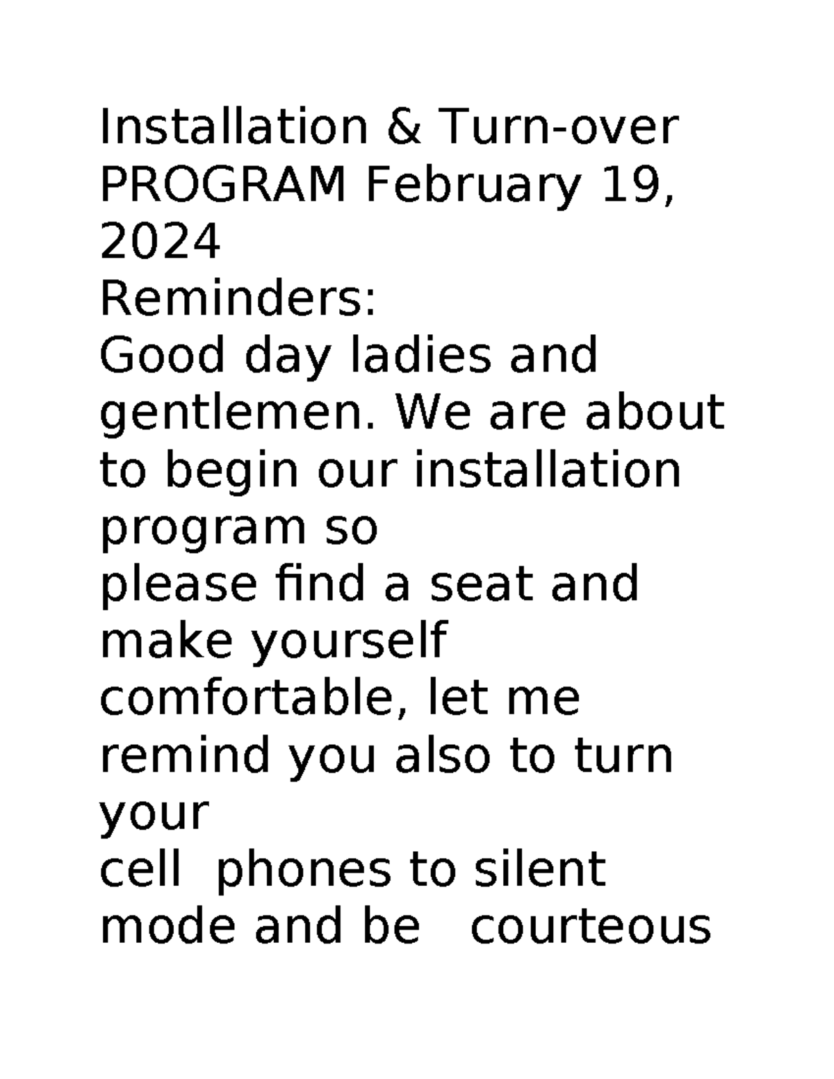 Installation Ceremony - Installation & Turn-over PROGRAM February 19 ...