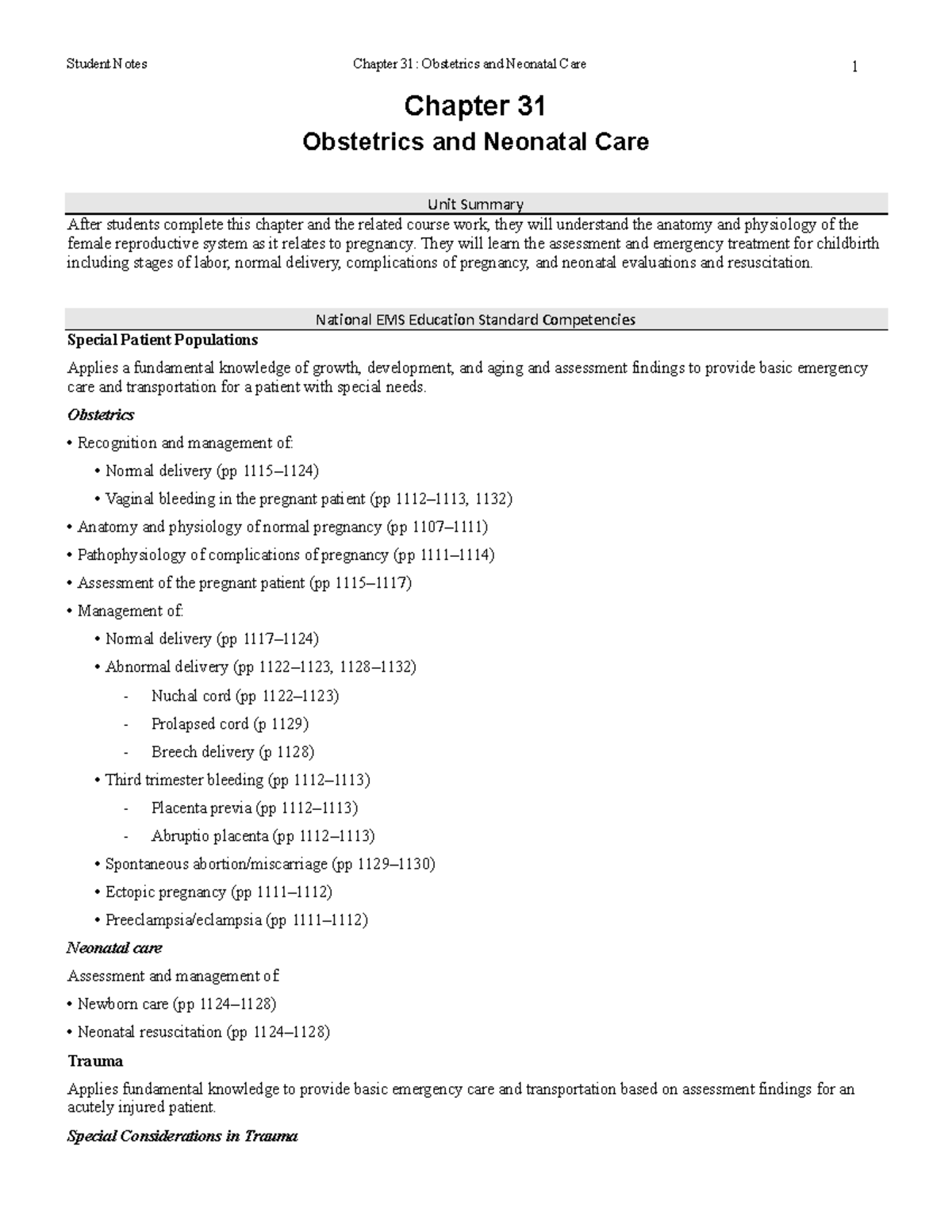 Chapter 31 Student Notes - Student Notes Chapter 31: Obstetrics and ...