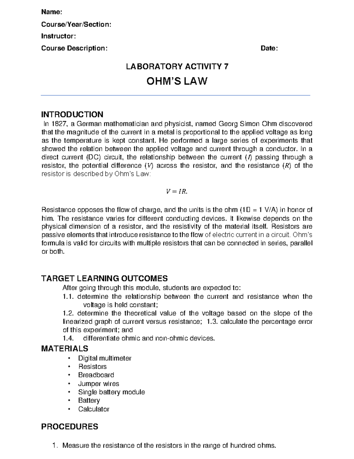 WS 7 Ohms Law - Ohms Law Laboratory - Name: Course/Year/Section ...