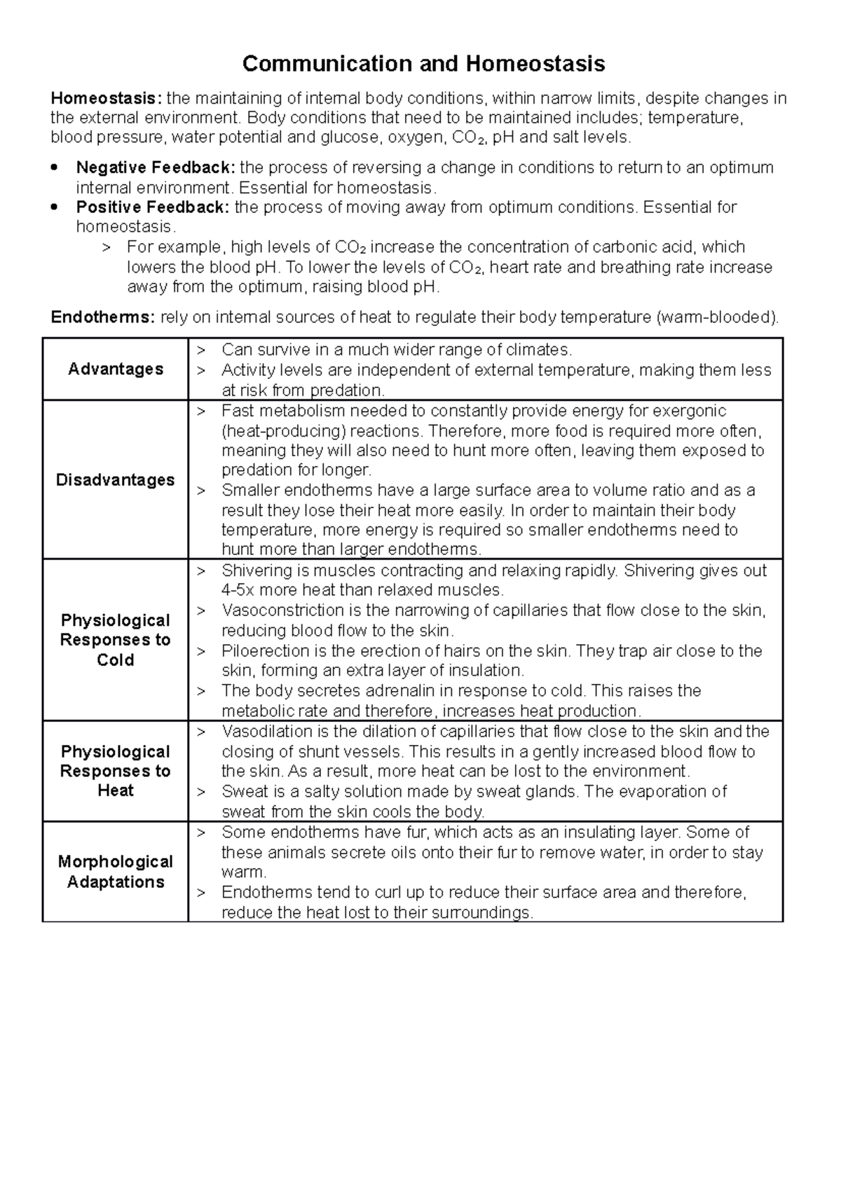 Homeostasis and The Nervous System Notes - Communication and ...