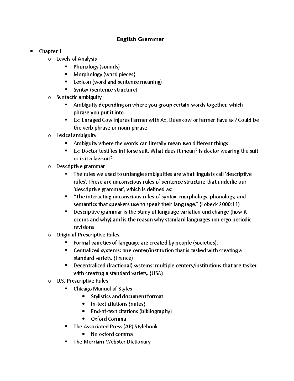 English Study Guide 1 English Grammar Chapter 1 O Levels Of Analysis