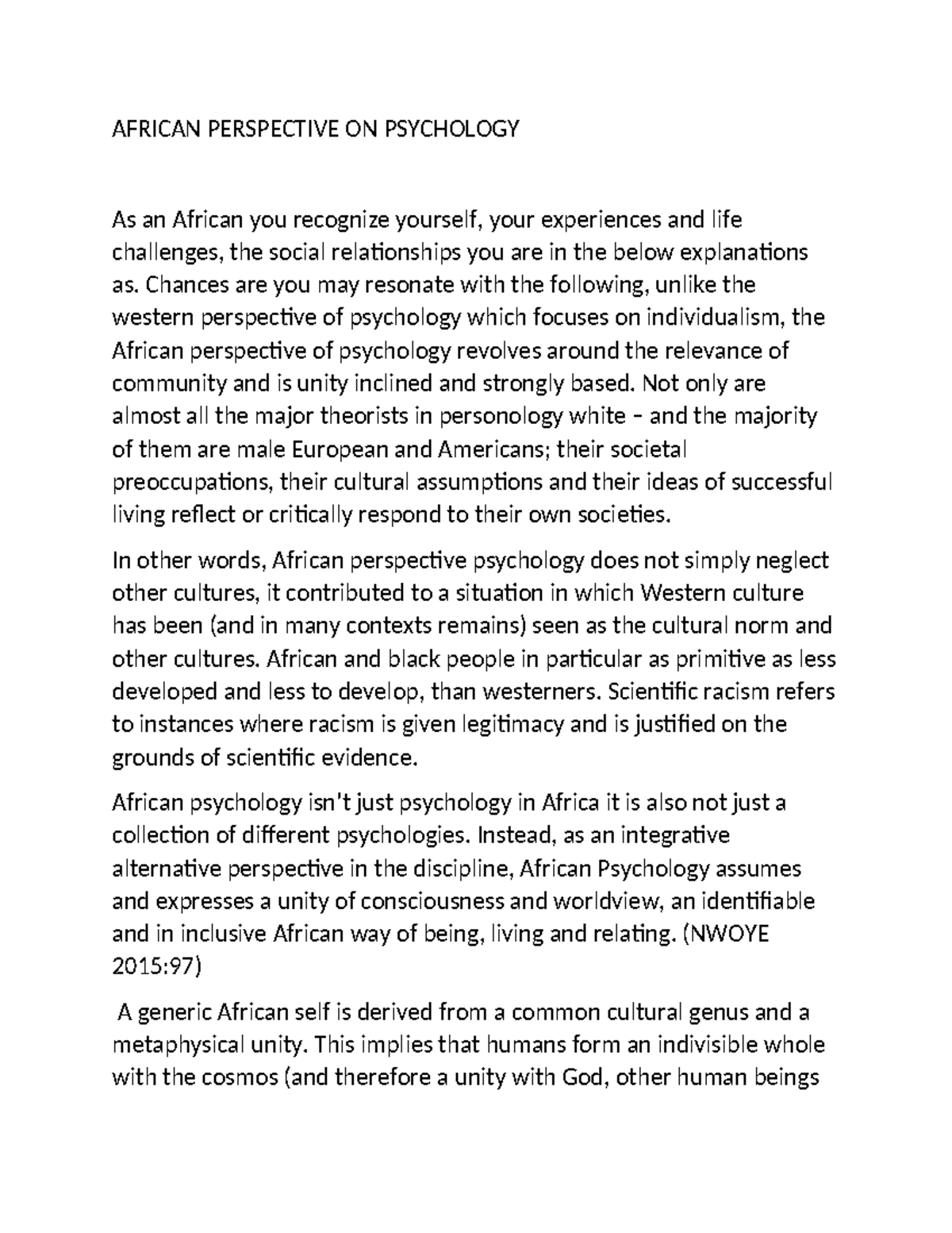 African Perspective ON Psychology (PYC2601) - AFRICAN PERSPECTIVE ON ...