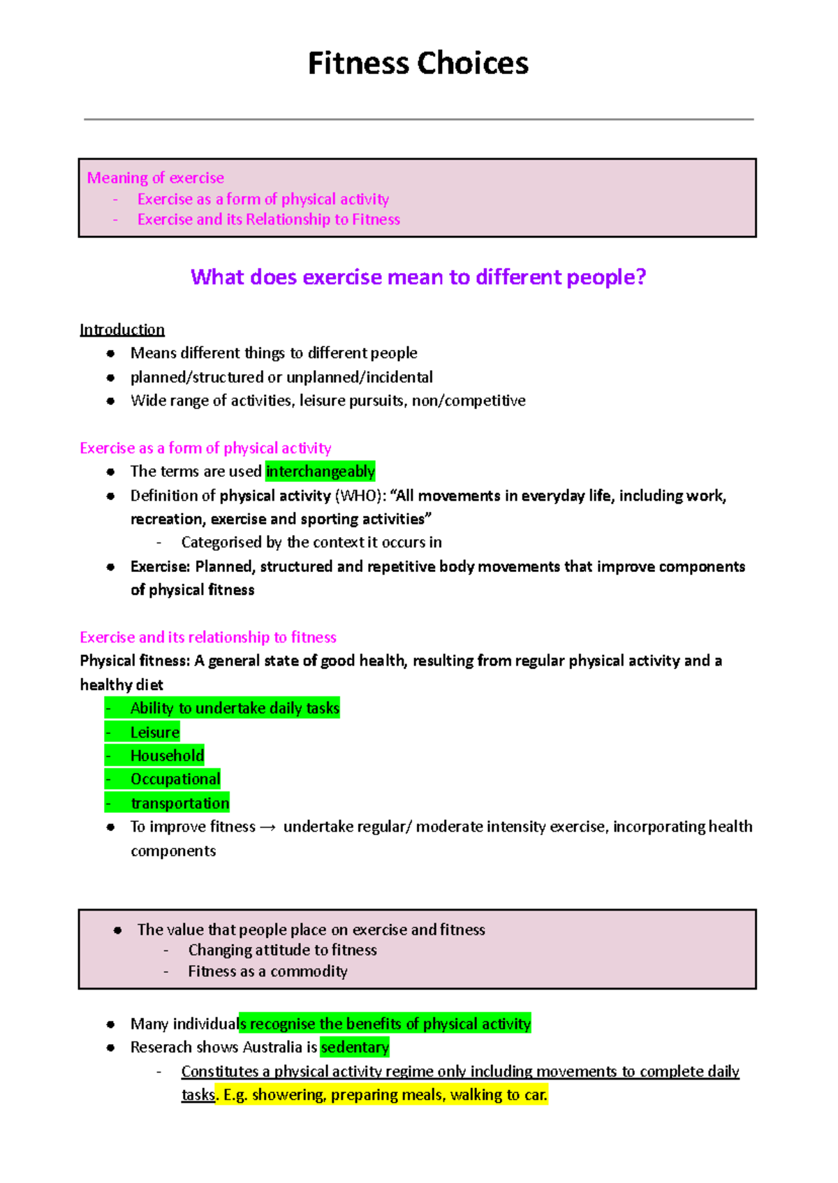 Fitness Choices - Detailed Notes - Fitness Choices Meaning of exercise ...