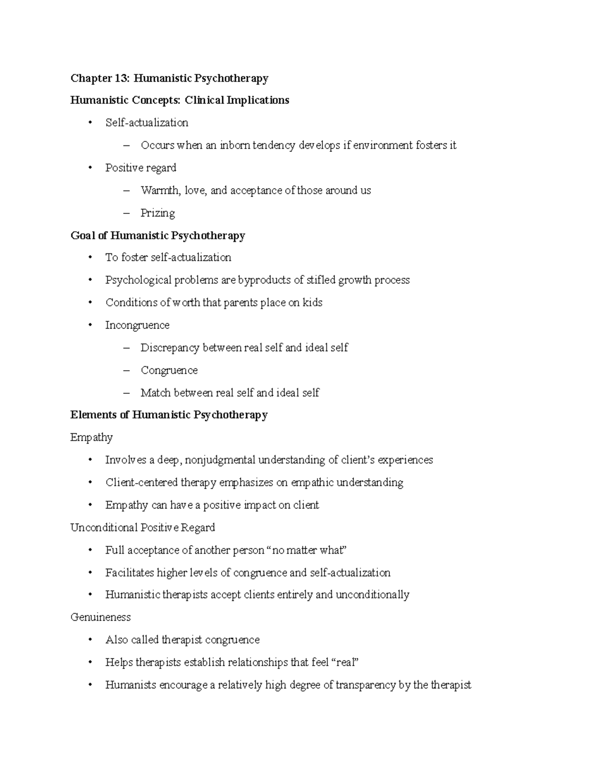Psyc 345 chapter 13 notes - Chapter 13: Humanistic Psychotherapy ...