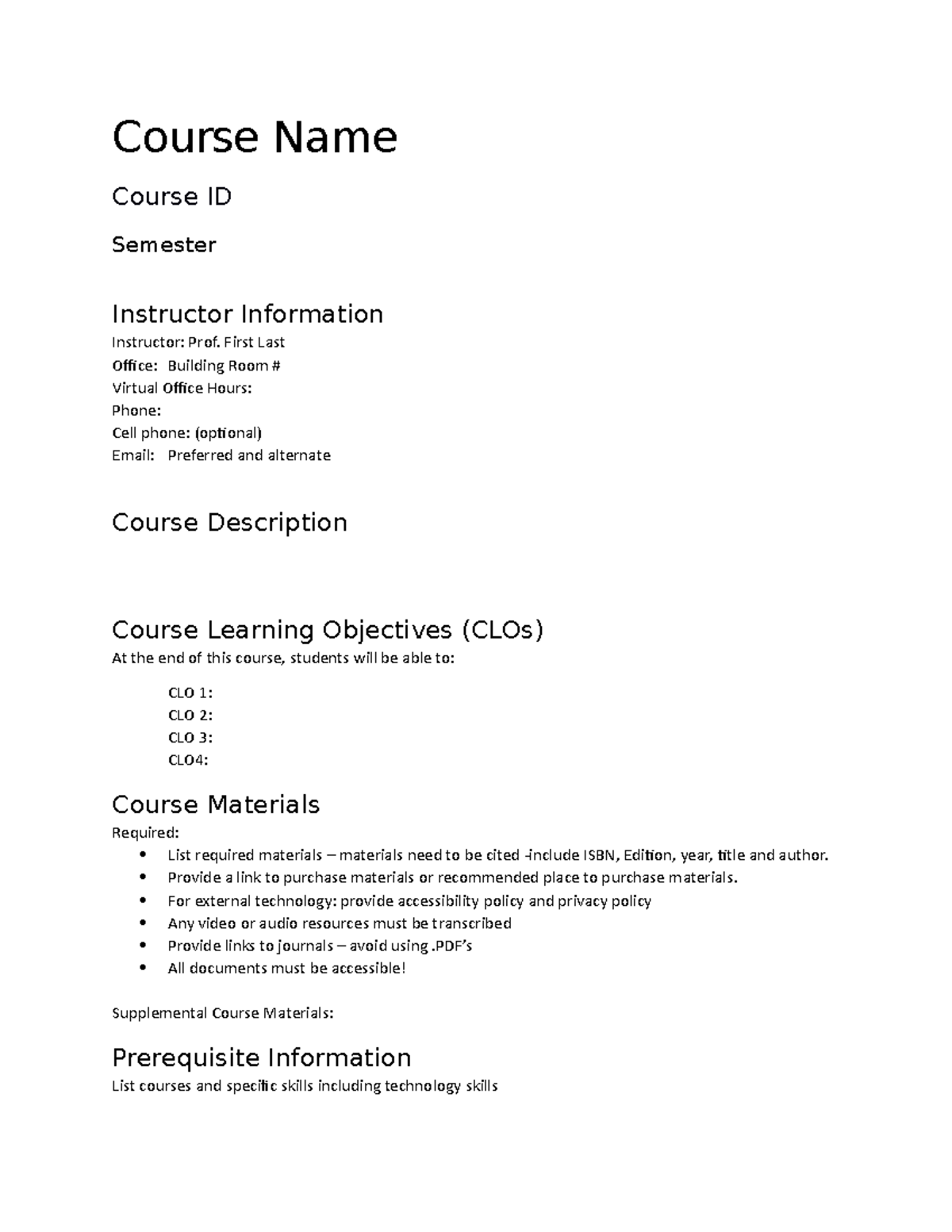 Syllabus template Summer 2020 - Course Name Course ID Semester ...