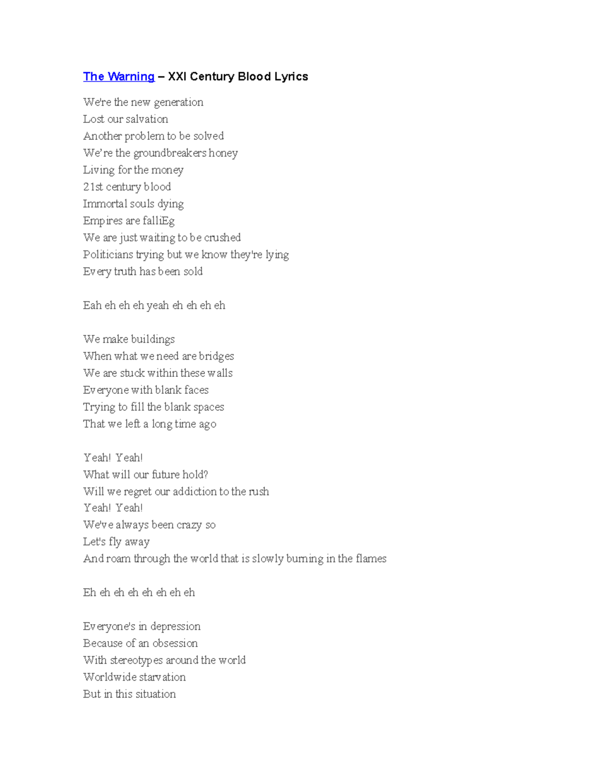 The Warning Lyrics - Nada - The Warning – XXI Century Blood Lyrics We ...