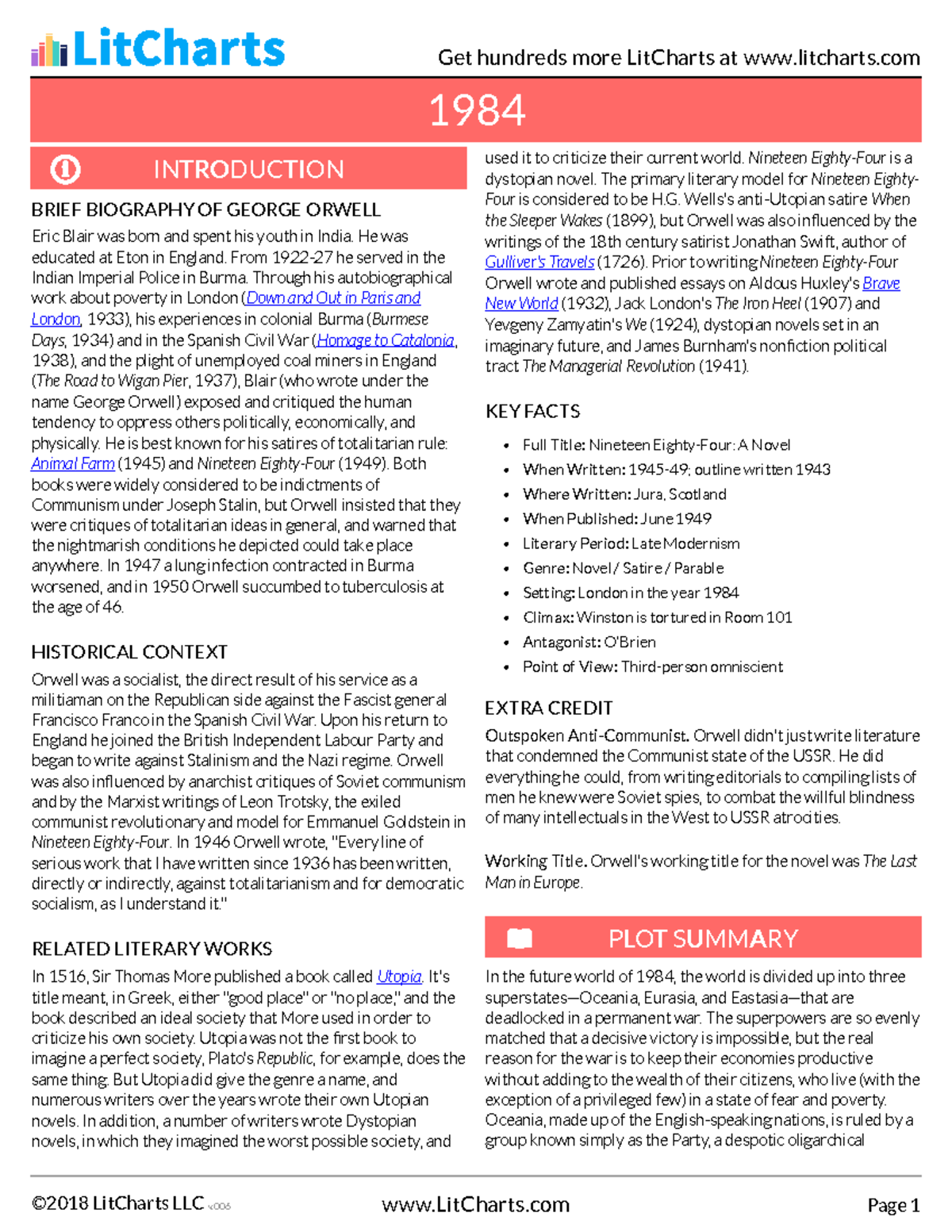 1984 Literature Chart - 1984 BRIEF BIOGRAPHY OF GEORGE ORWELL Eric ...