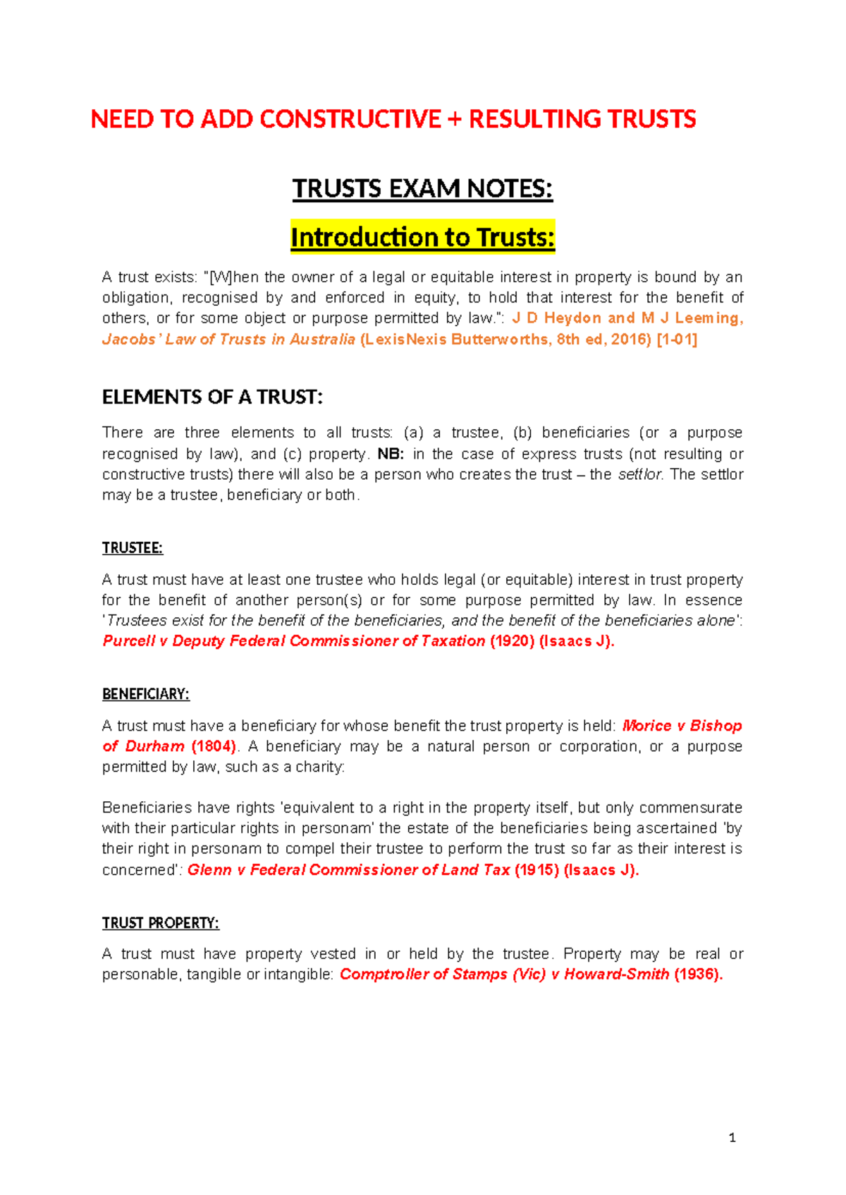 Trusts full notes - NEED TO ADD CONSTRUCTIVE + RESULTING TRUSTS TRUSTS ...