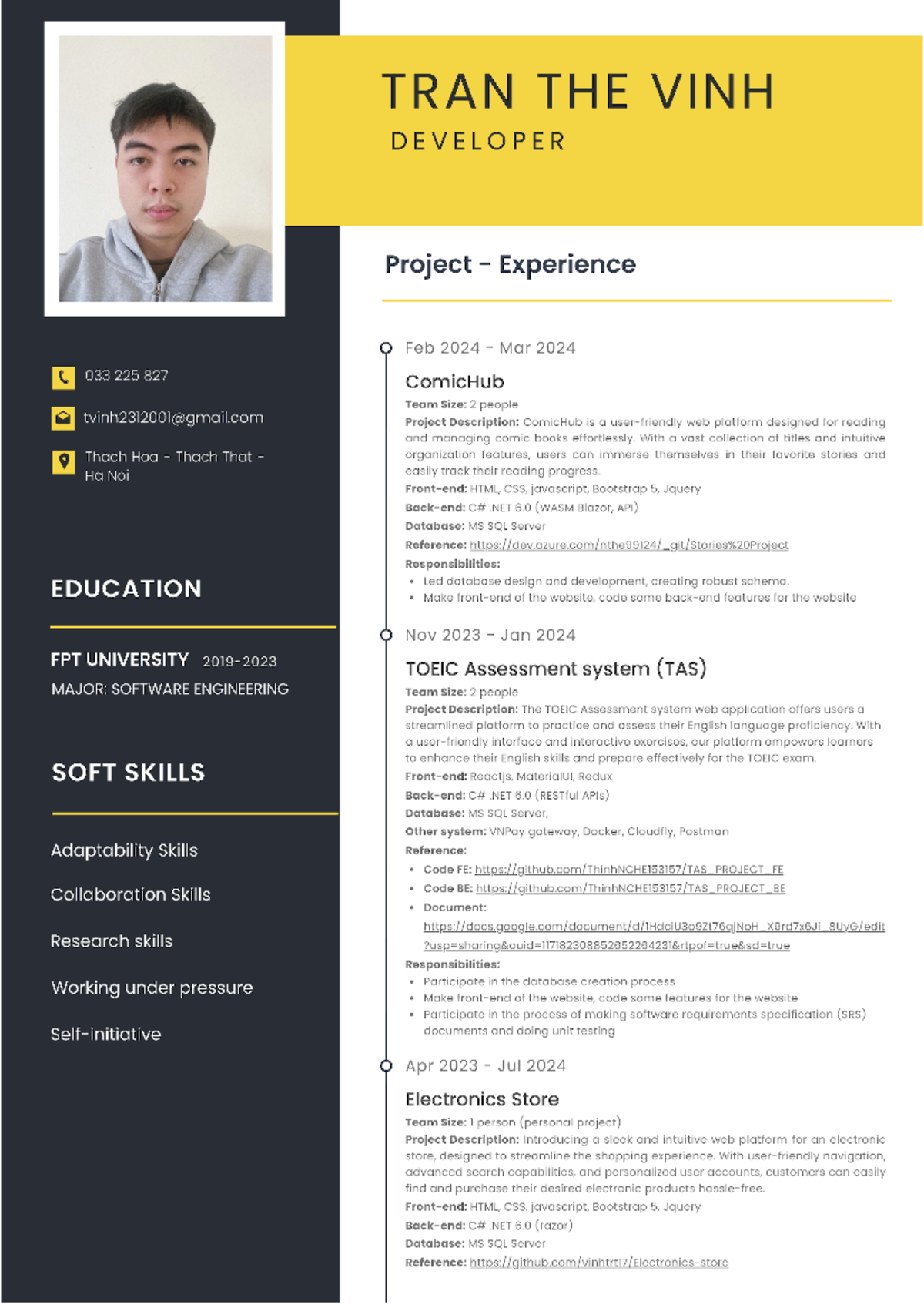 Tran The Vinh CV Fresher - Viet resume - Studocu