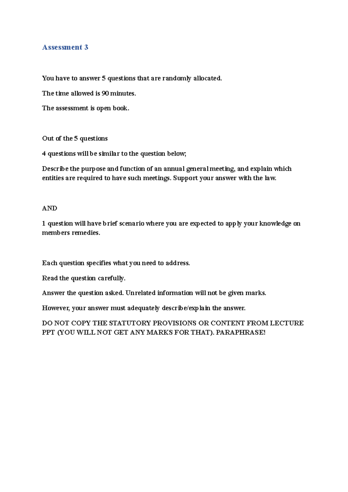 Assessment 3 information and sample question - Assessment 3 You have to ...