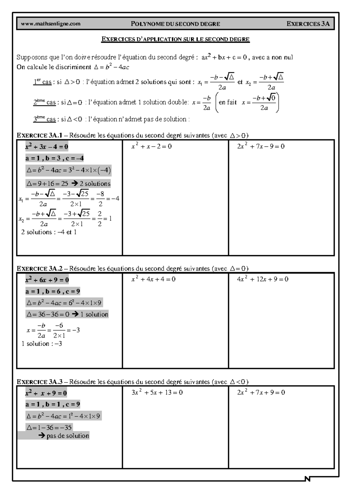 Chap 01 - Ex 3A - Second degré - Corrige - mathsenligne POLYNOME DU ...