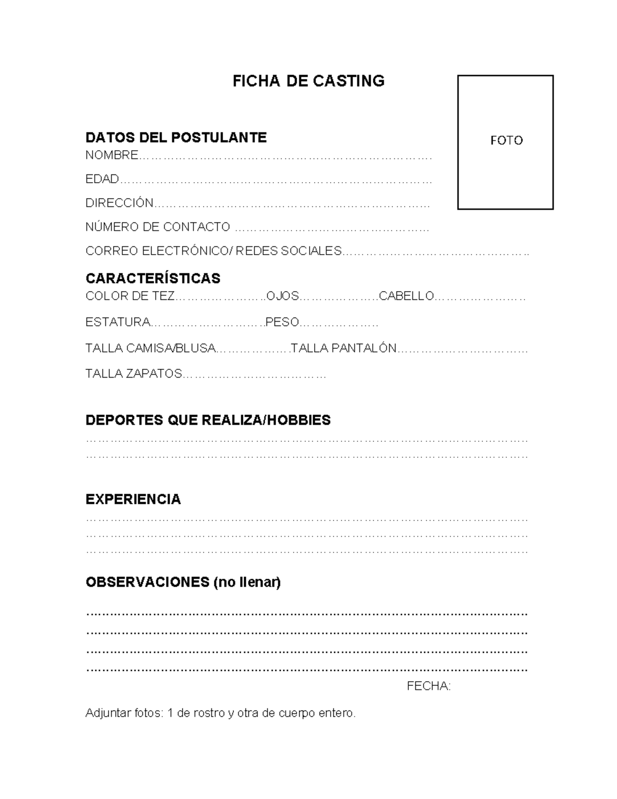 Ficha DE Casting - FICHA DE CASTING DATOS DEL POSTULANTE - Studocu