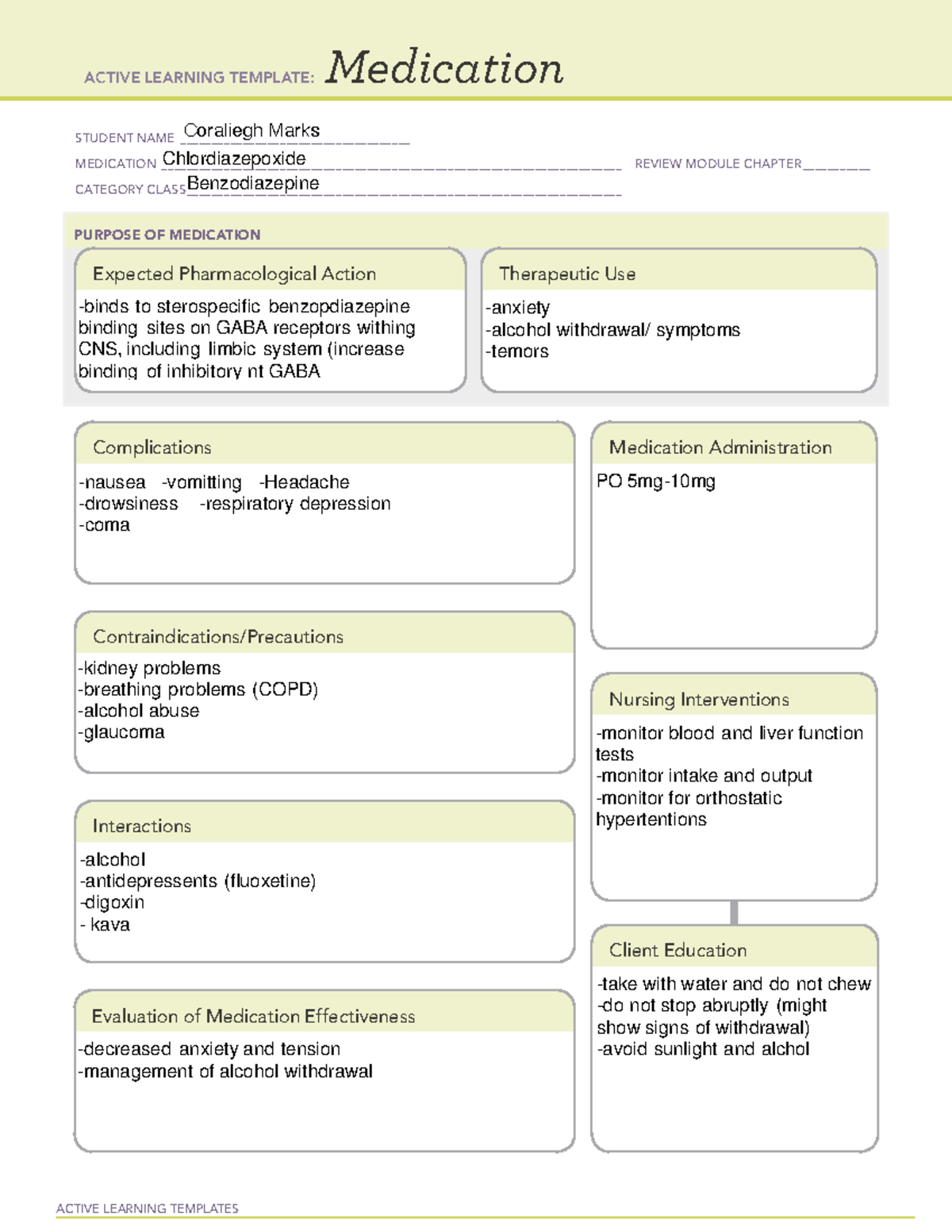 Chlordiazepoxide - ACTIVE LEARNING TEMPLATES Medication STUDENT NAME ...