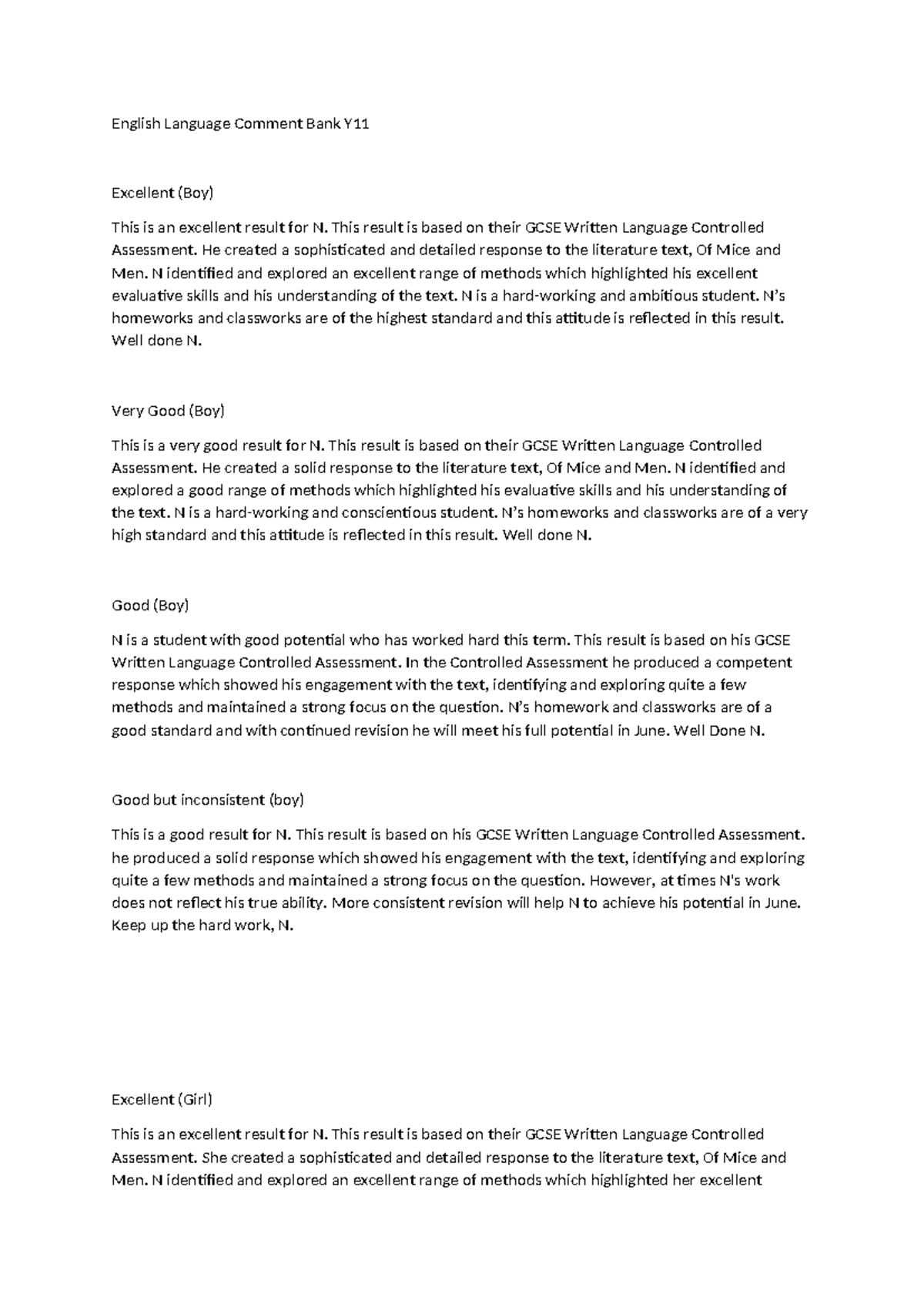 English Language Comment Bank Y11 - English Language Comment Bank Y ...