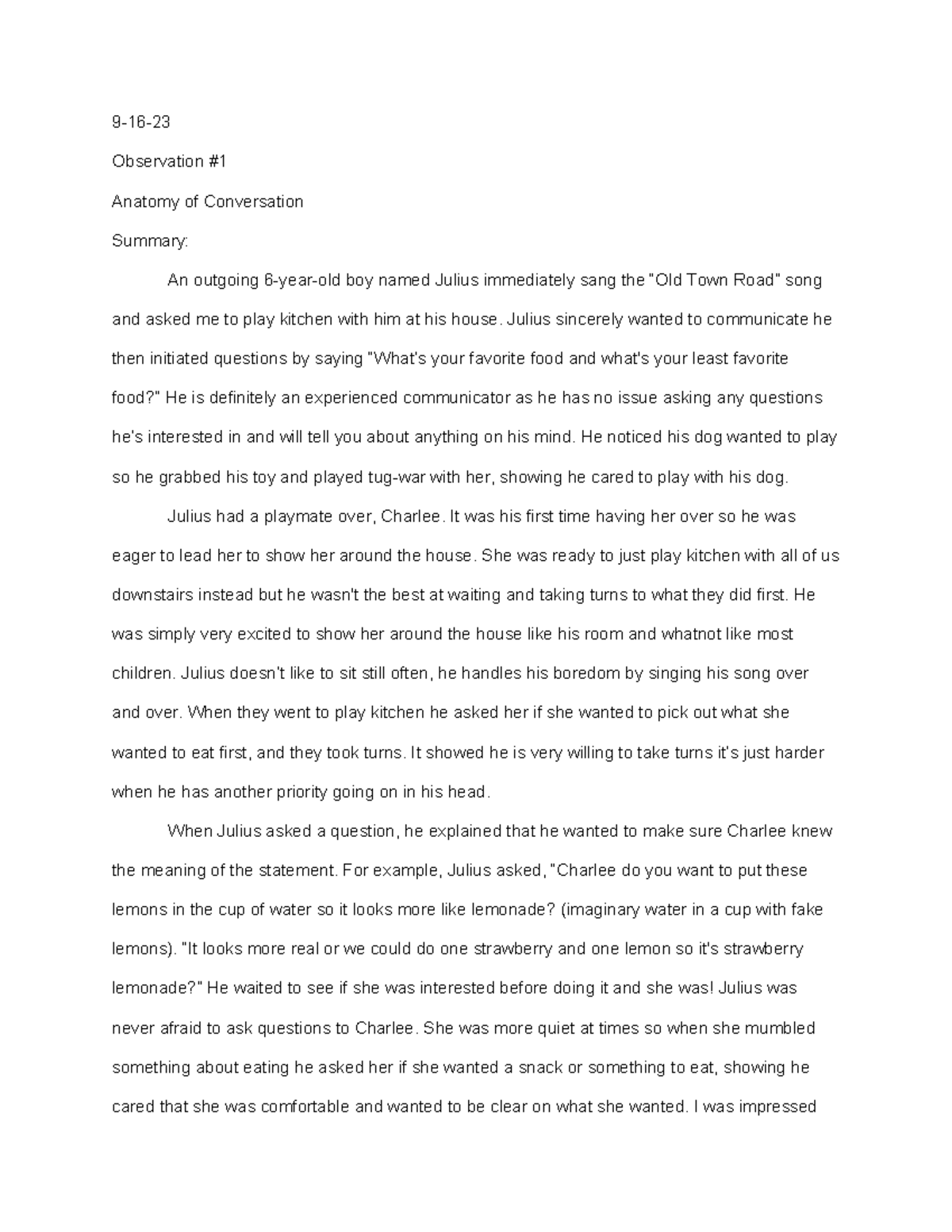 Obervation #1- observation notes for observing kid - 9-16- Observation ...