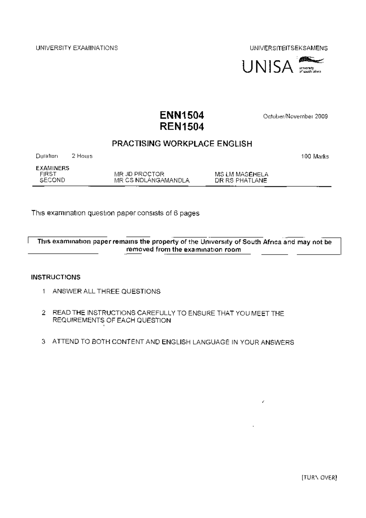 ENN1504 Oct Nov 2009 exam - ENN1504 - Studocu