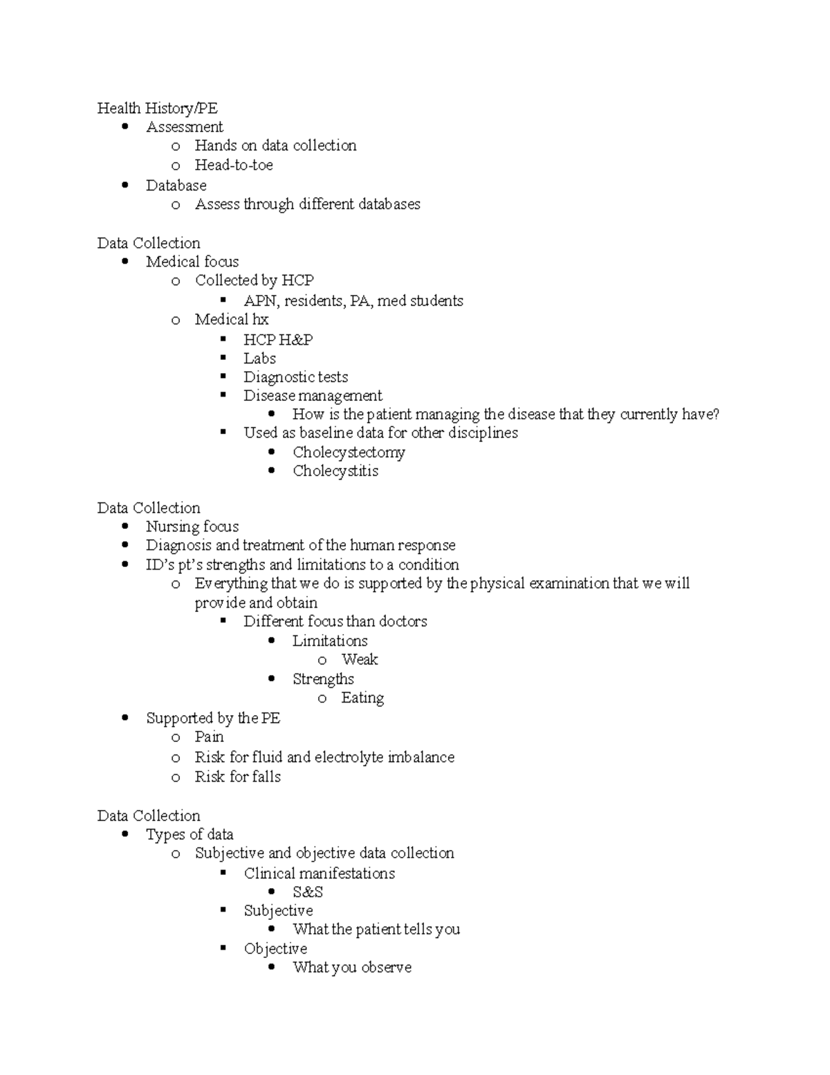 Health History and Data Collection - Health History/PE Assessment o ...