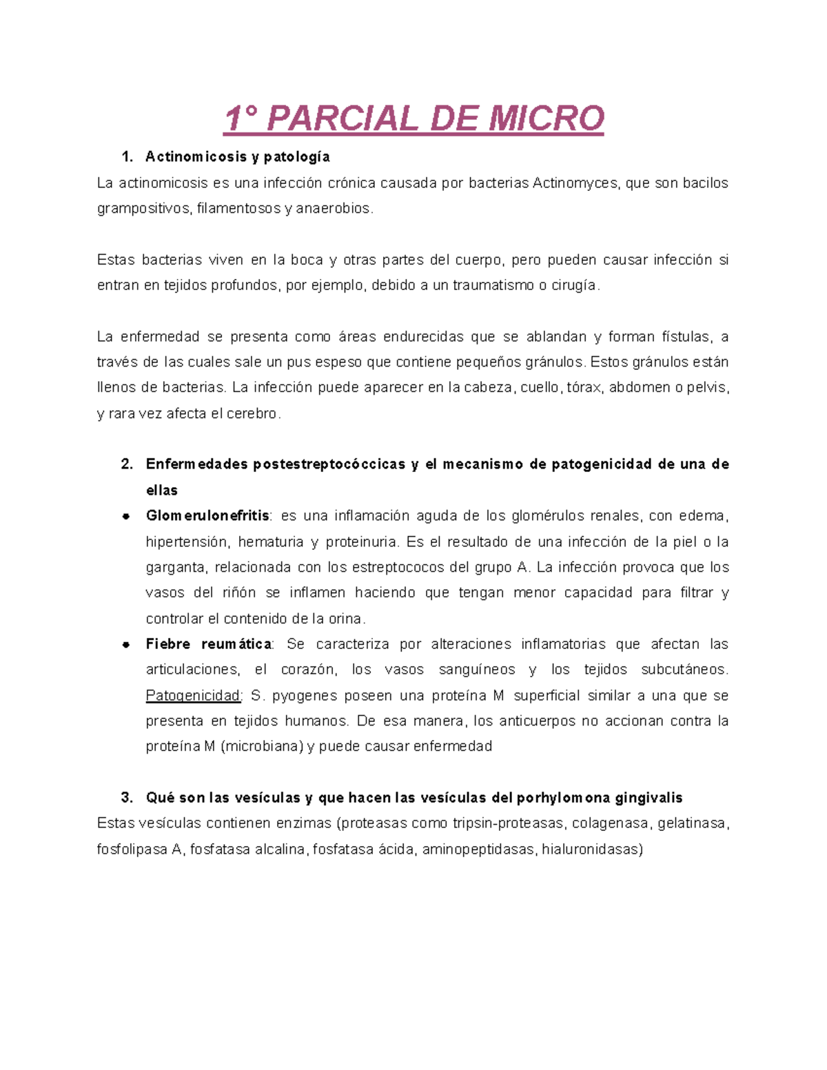 1° Parcial DE Micro 2024 - 1° PARCIAL DE MICRO 1. Actinomicosis y patología La actinomicosis es ...