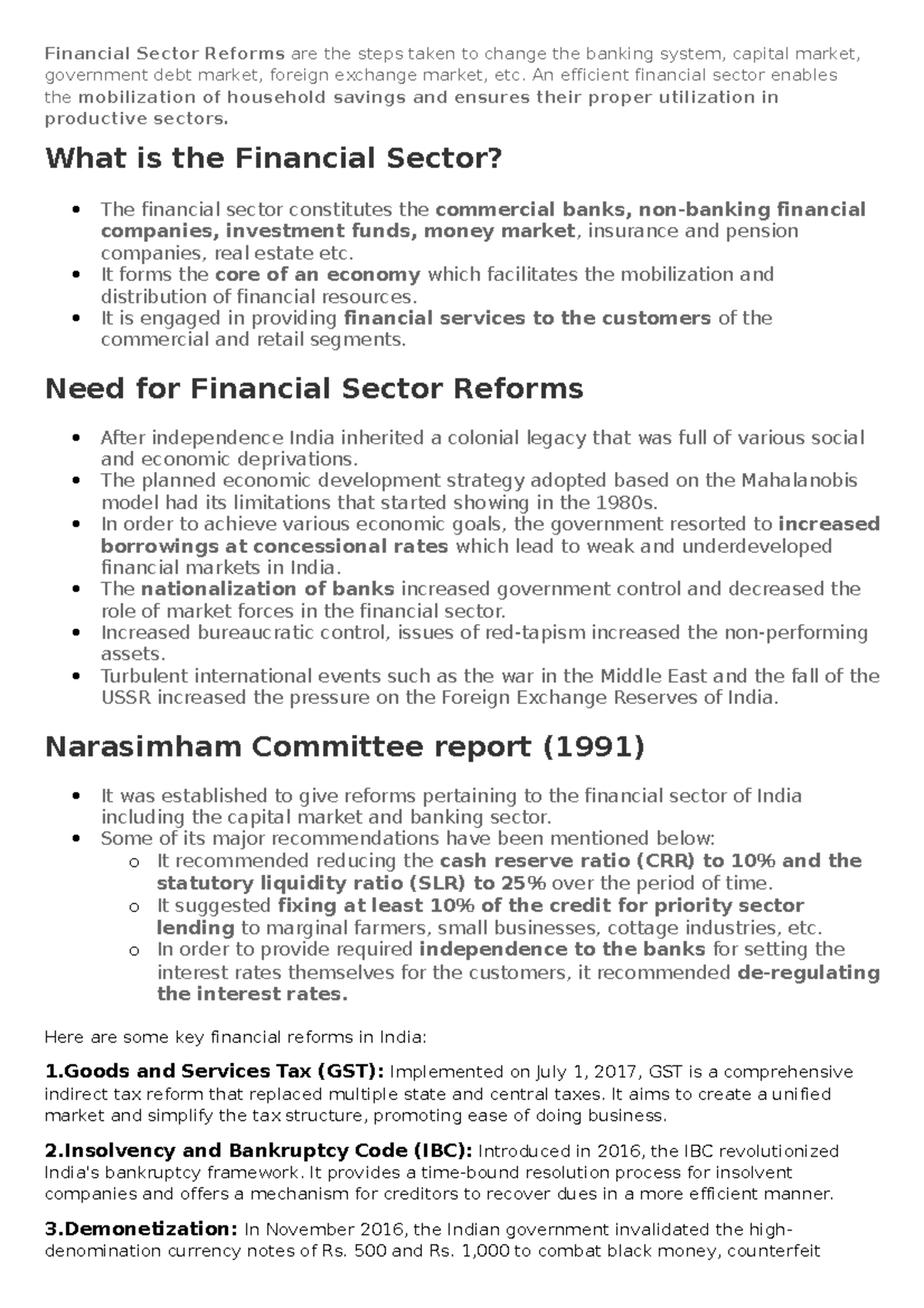 FMS - Financial Sector Reforms are the steps taken to change the ...