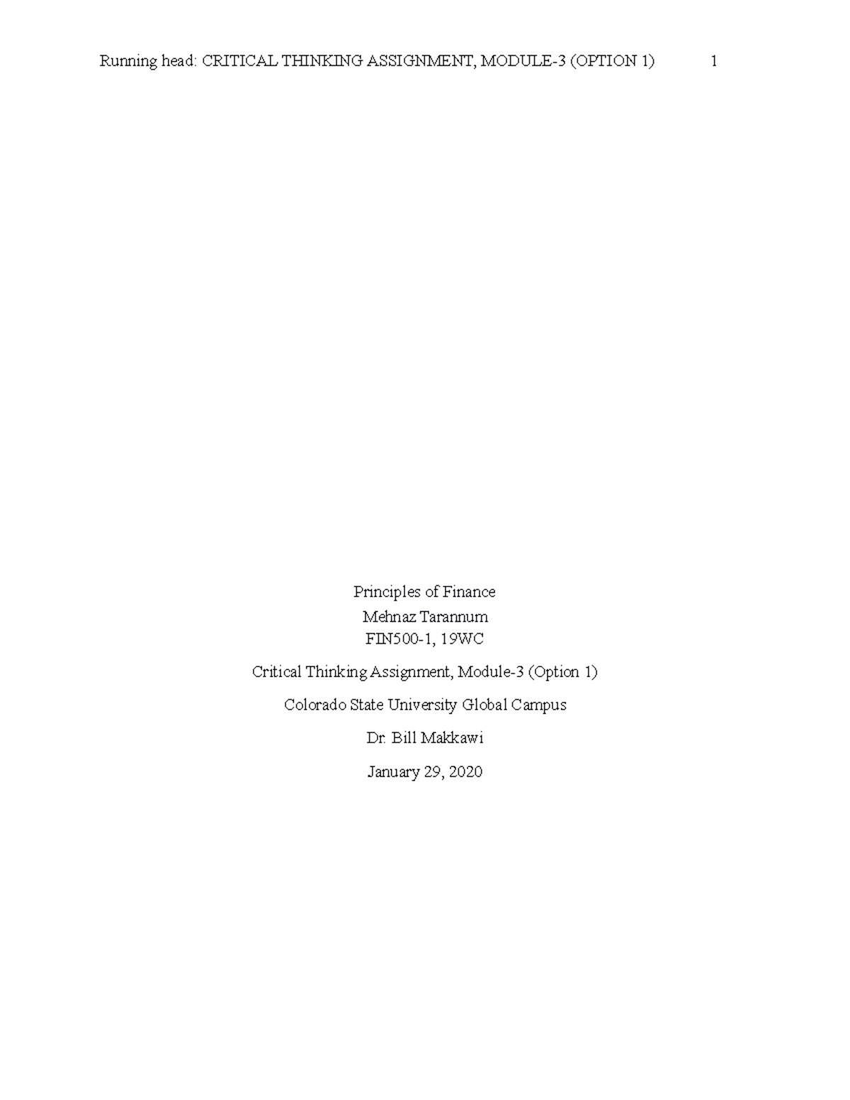 FIN500 assignment 3 - risk - Running head: CRITICAL THINKING ASSIGNMENT ...