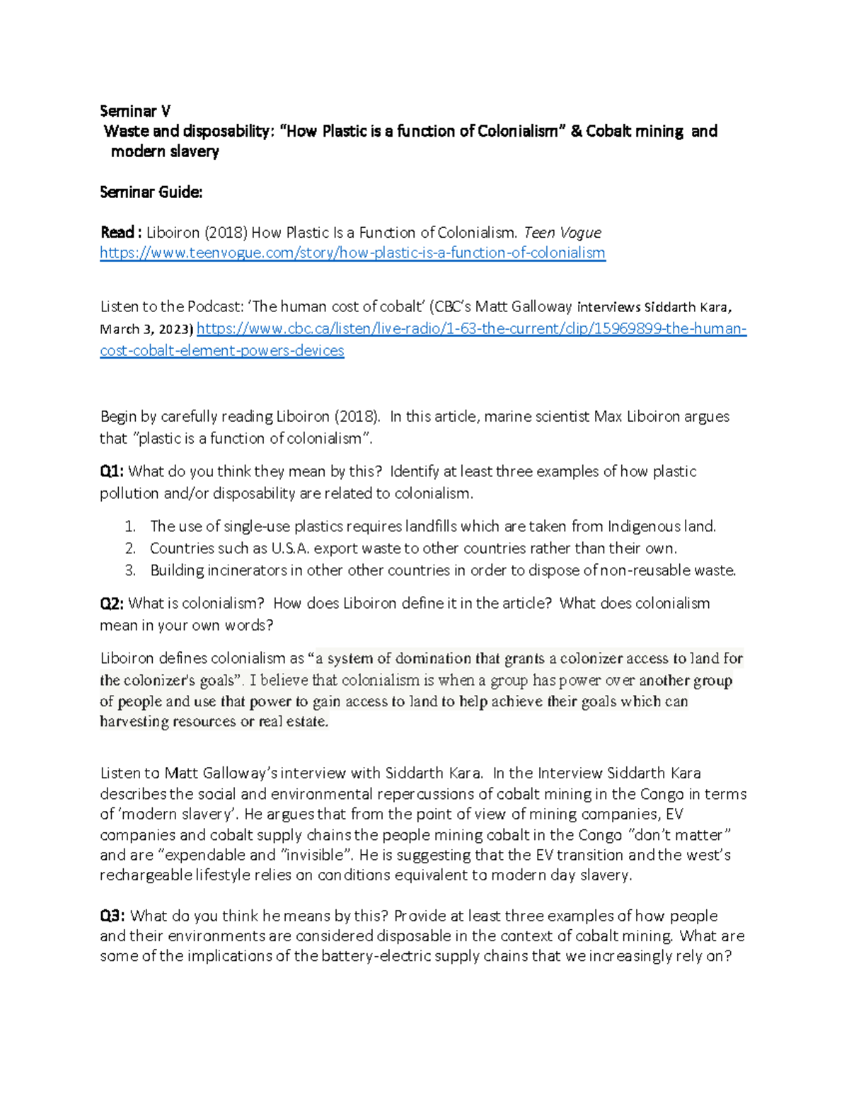 Seminar V Guide copy - Seminar V Waste and disposability: “How Plastic ...