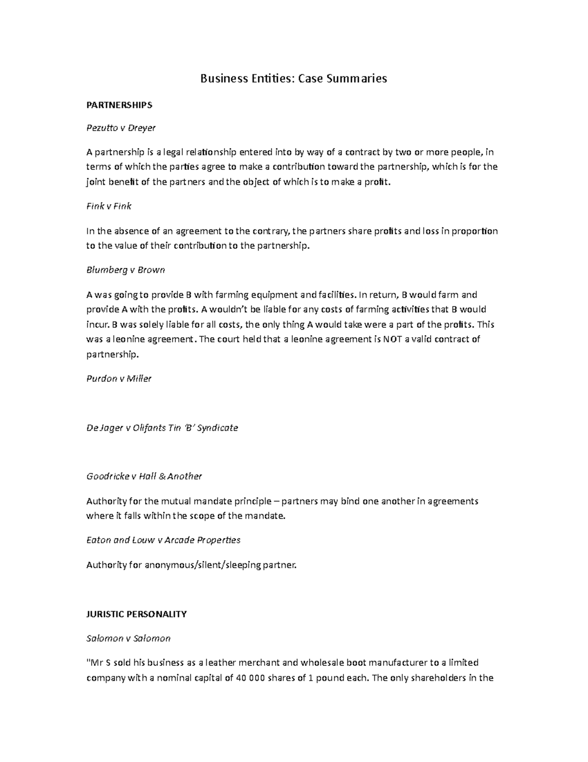 Business entities cases - Business Entities: Case Summaries ...