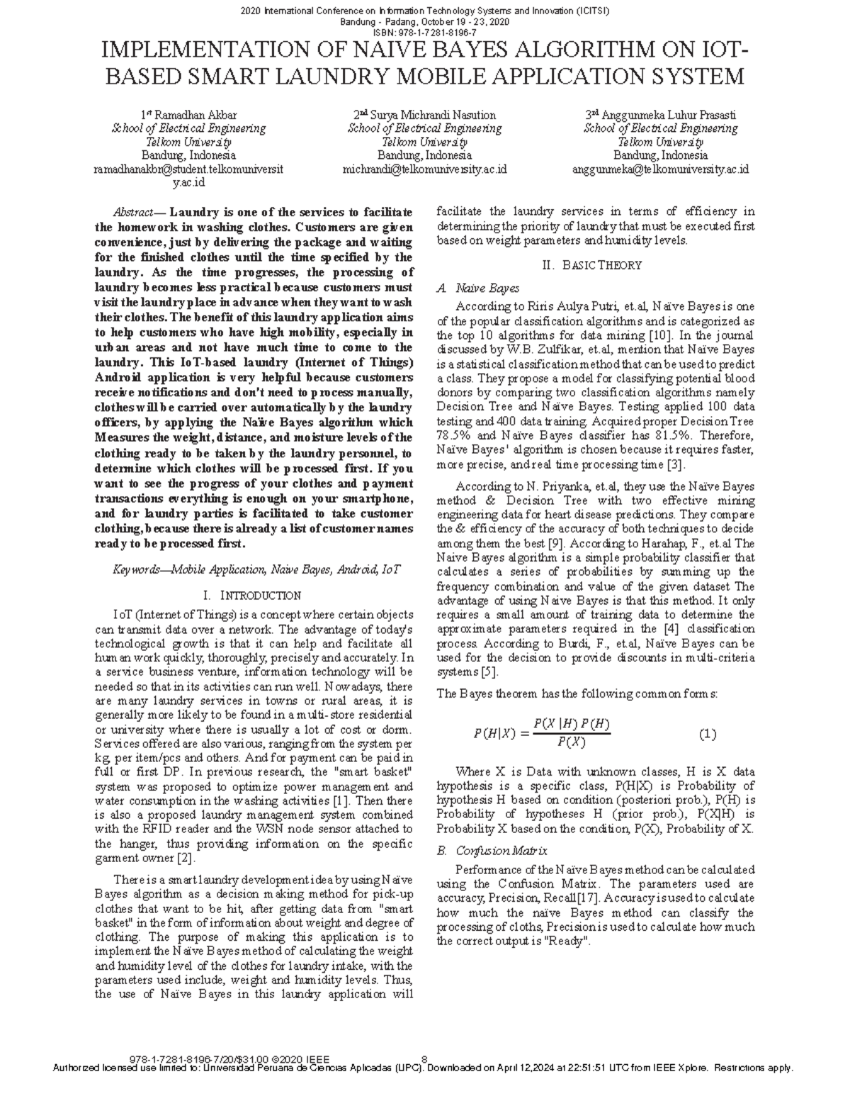 Implementation Of Naive Bayes Algorithm On Io T-based Smart Laundry ...