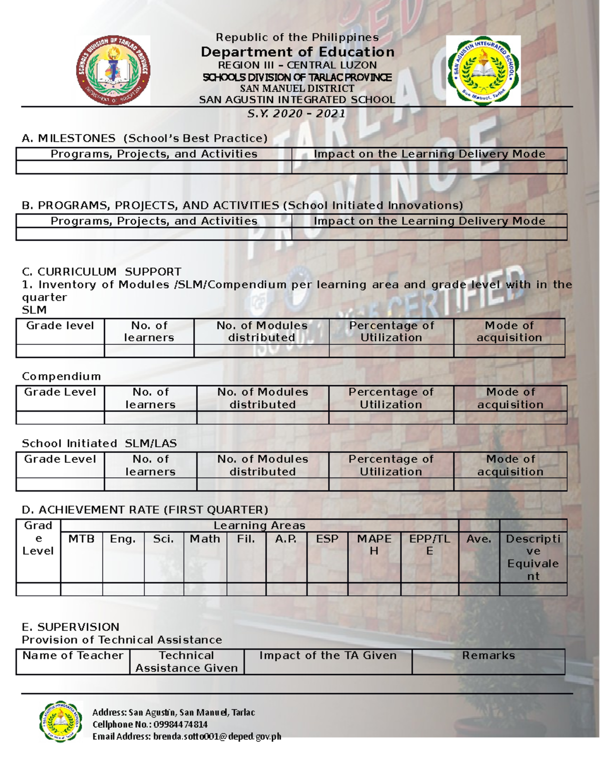 Accomplishment Report School based - Republic of the Philippines ...