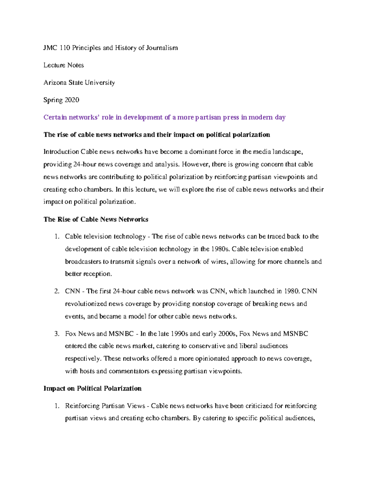 JMC 110 Lecture Notes 9-Certain networks’ role in development of a more ...